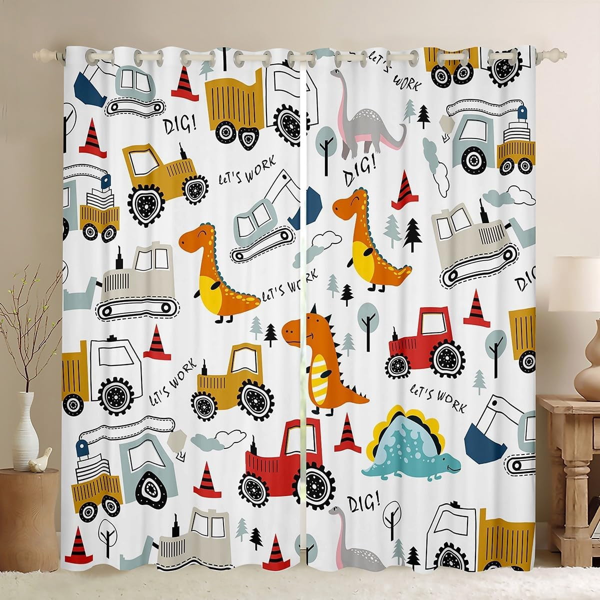 Construction Curtains for Bedroom Kids Cartoon Dinosaur Blackout ...