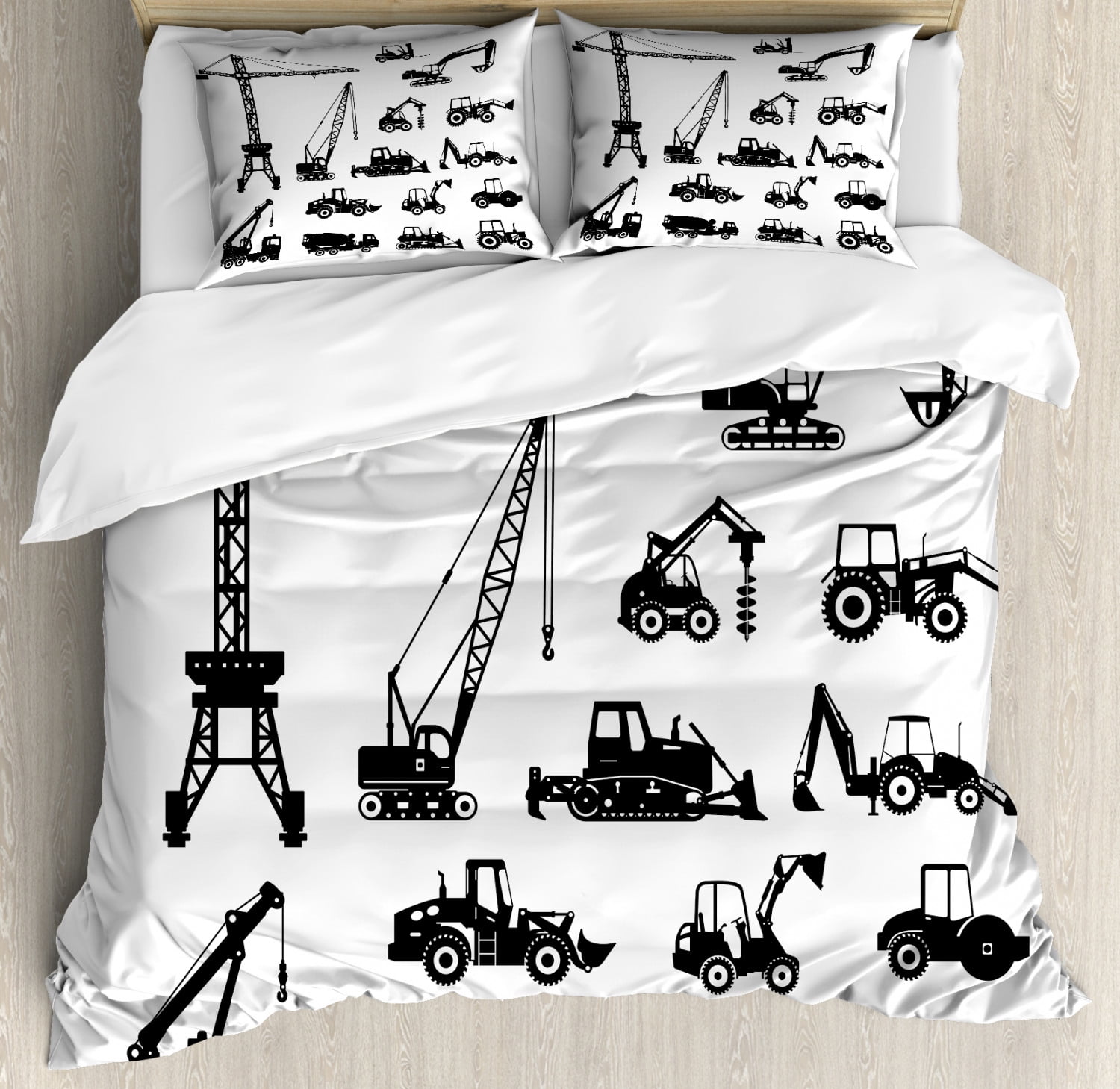 Construction Duvet Cover Set Queen Size, Black Silhouettes Concrete ...