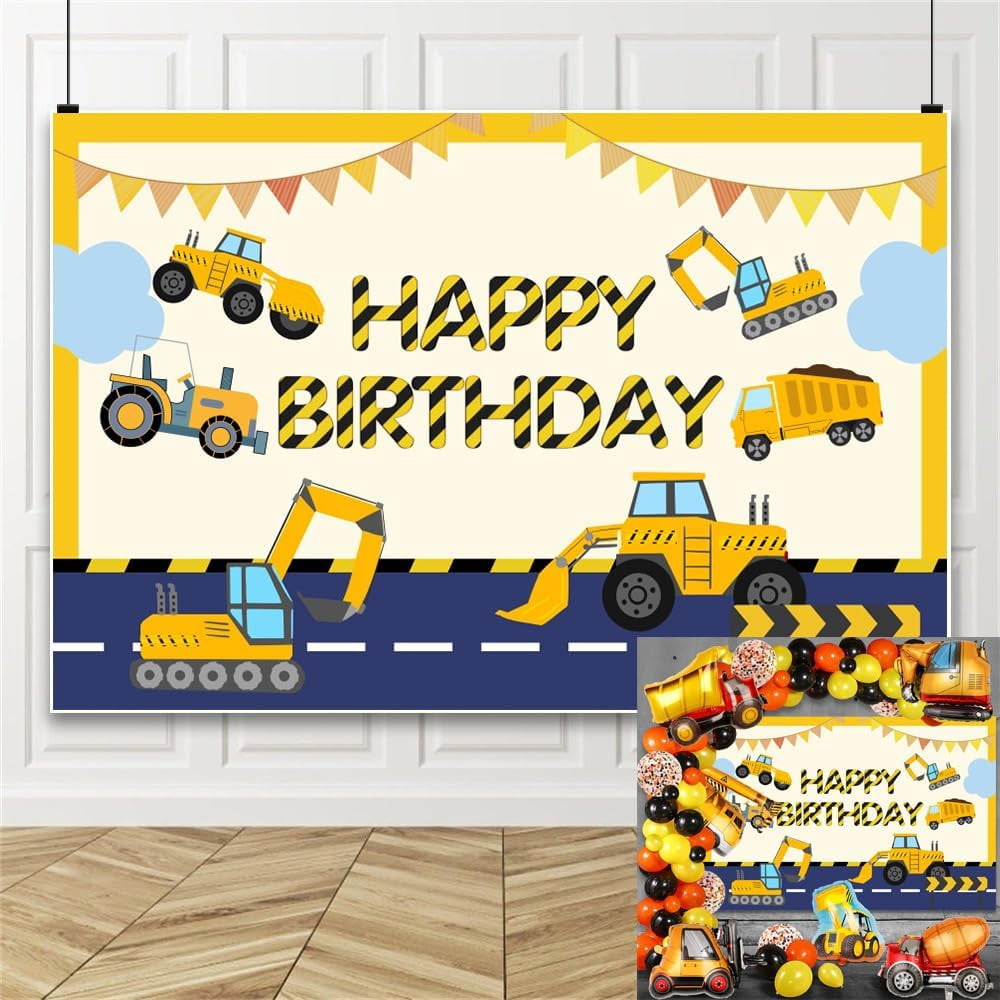 Construction Happy Birthday Backdrop Dump Truck Excavator Digger Road ...