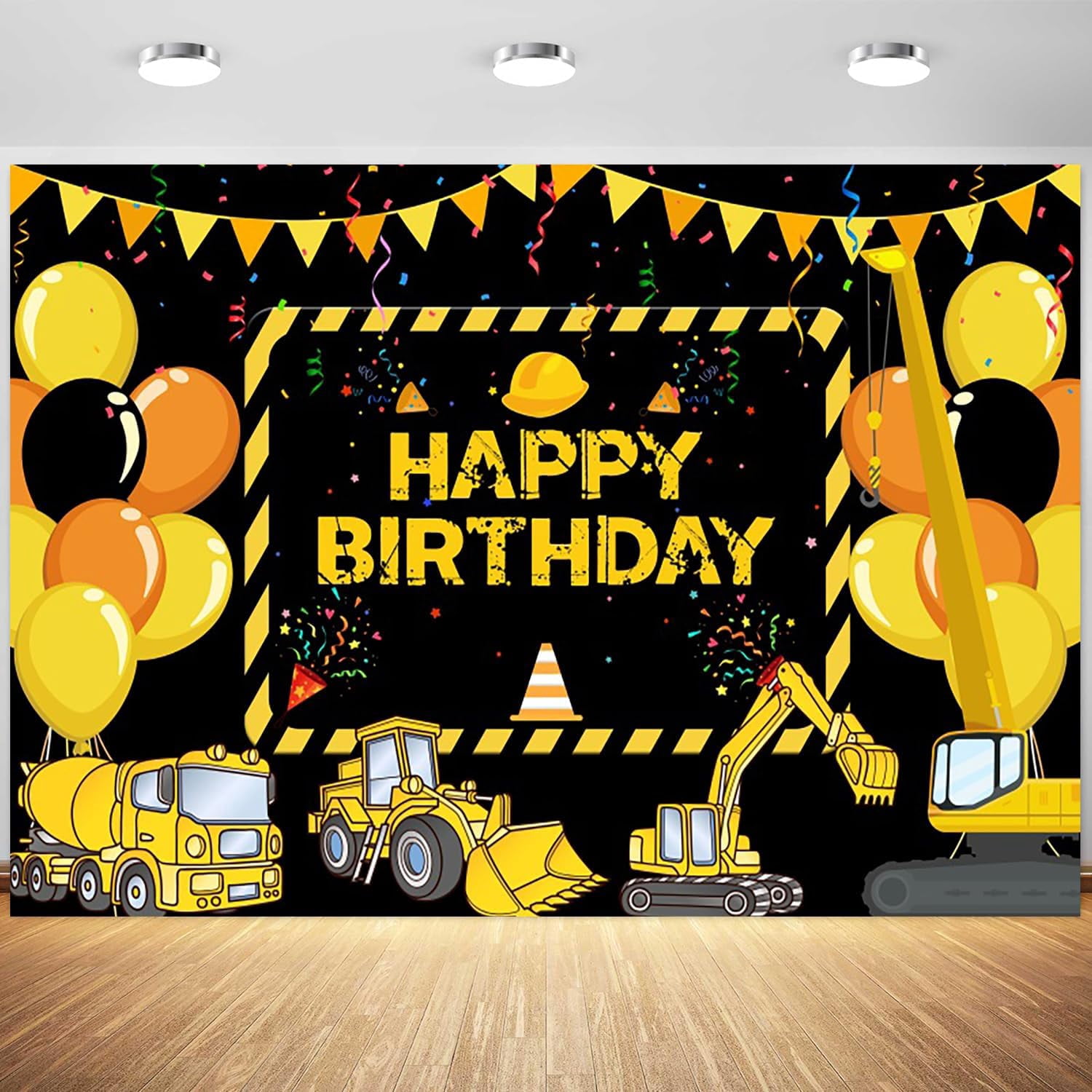 Construction Happy Birthday Perfect Backdrop Black Yellow Balloons ...
