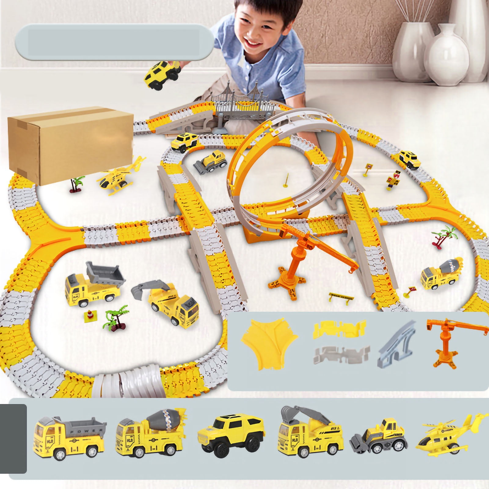 Construction Race Tracks for Kids Flexible Electric Track Toy Car Set ...