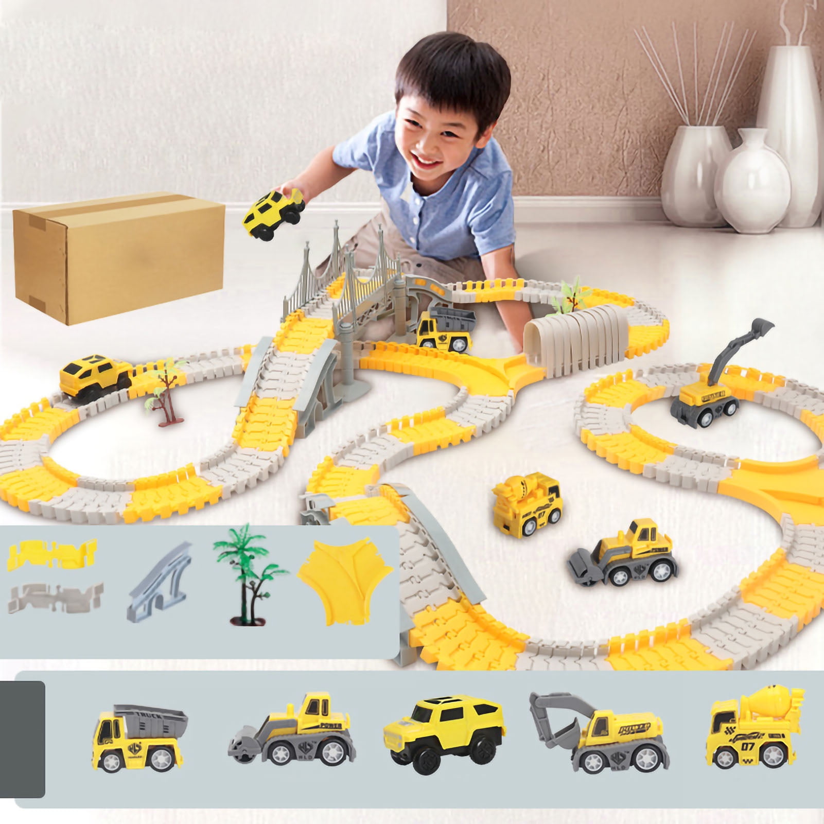 Construction Race Tracks for Kids Flexible Electric Track Toy Car Set ...