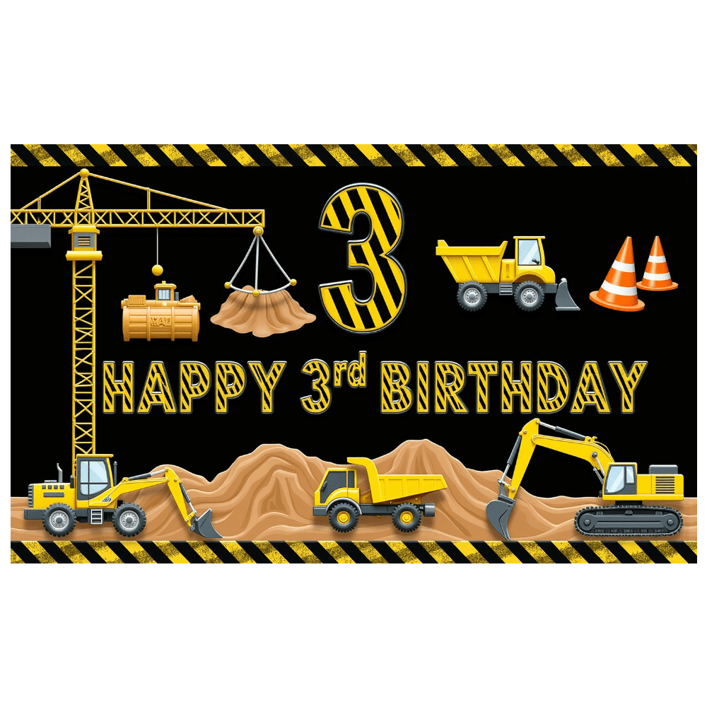 Construction Theme Happy 3rd Birthday Banner Polyester Material ...
