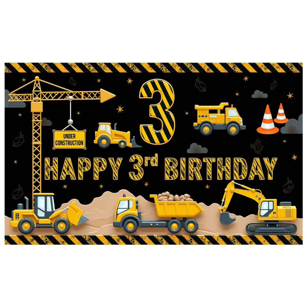 Construction Theme Happy 3rd Birthday Banner Polyester Material ...