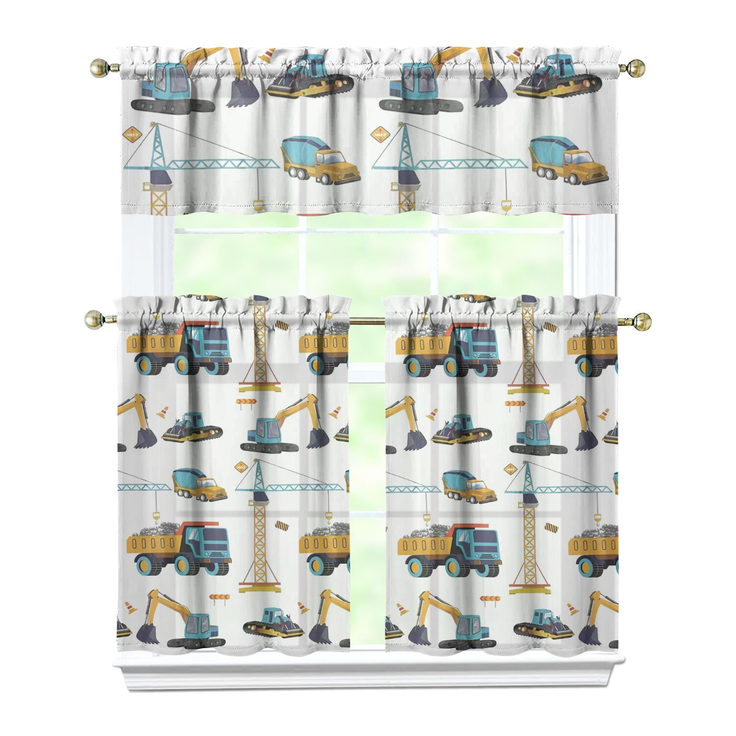 Construction Theme Kitchen Curtains 3-Piece Set - Tractor & Fire Truck ...