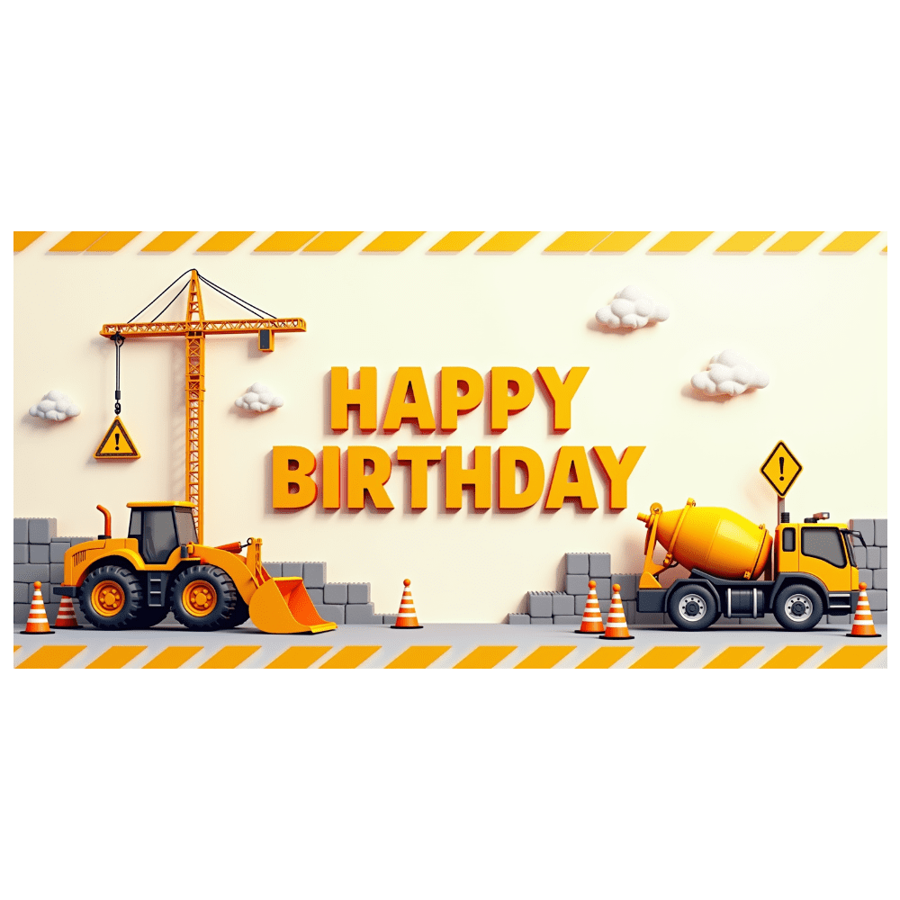 Construction Themed Happy Birthday Backdrop Banner with Cranes Mixers ...
