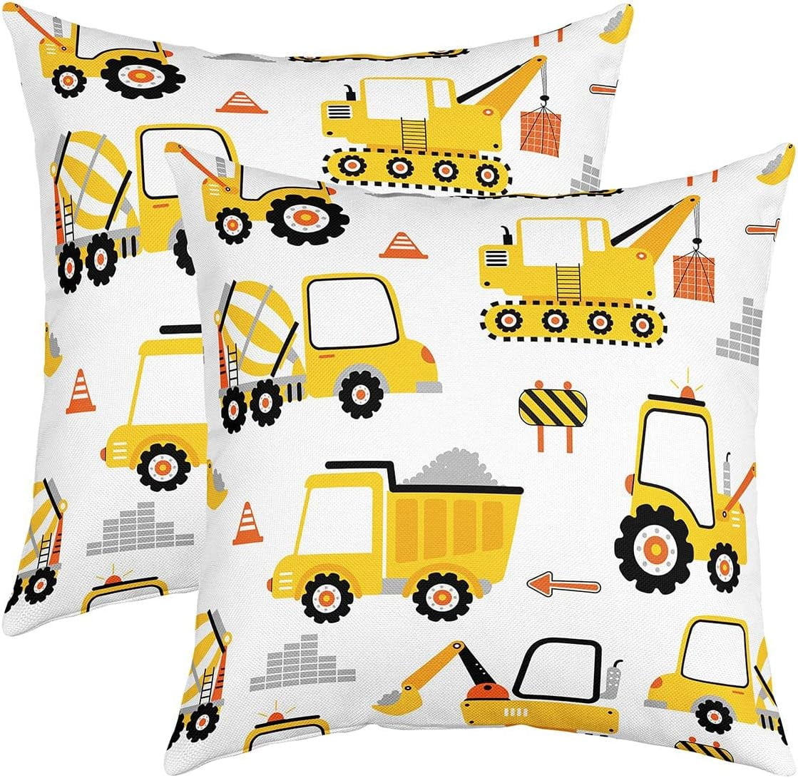 Construction Throw Pillow Covers 20"x20" Set of 2 Soft Equipment Trucks ...