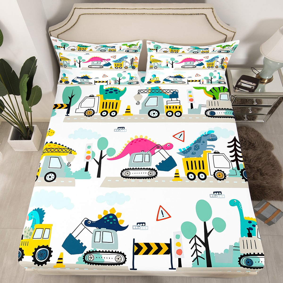 Construction Truck Bed Sheets Dinosaur Fitted Sheet Full Size ,Tractor ...