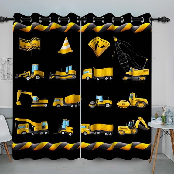 Construction Truck Blackout Curtains, Excavator Tractor Cartoon Window ...