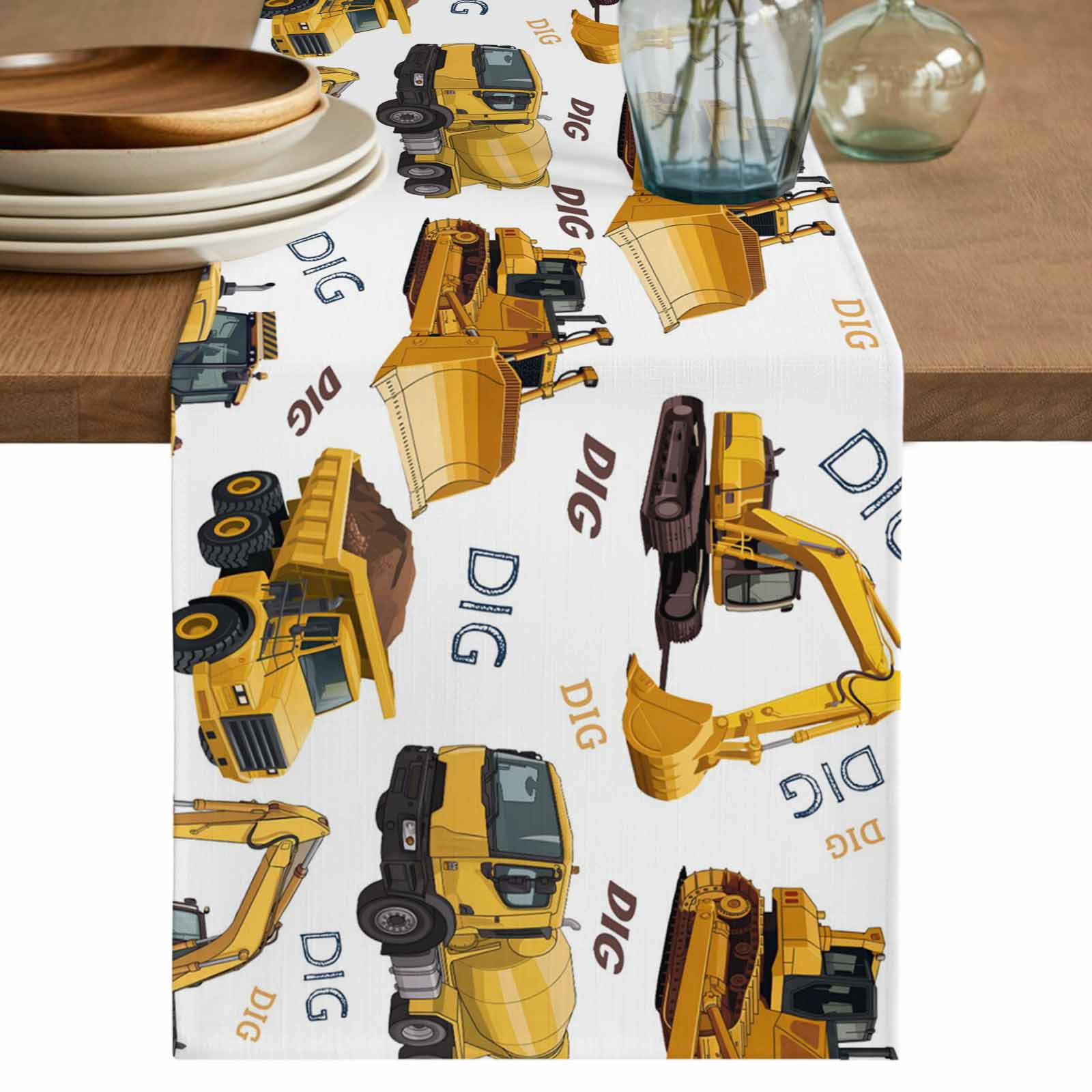 Construction Truck Cotton Linen Table Runner for Dining Kitchen ...