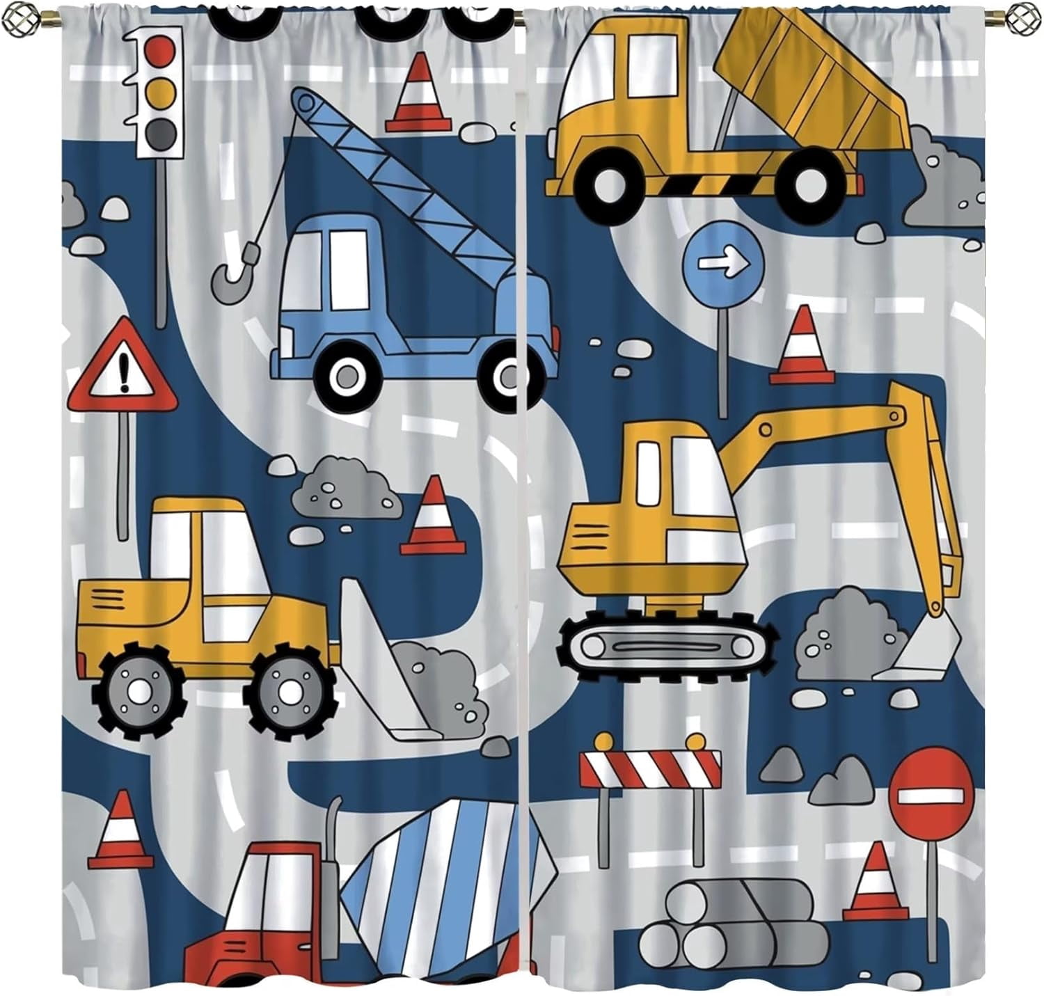 Construction Truck Curtains Rod Pocket Cartoon Excavator for Boys Kids ...