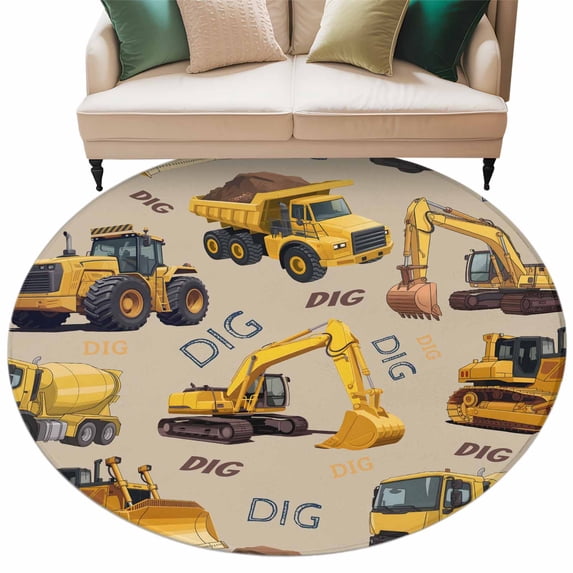 Construction Truck Round Area Rugs Collection 5', Cartoon Grips and ...