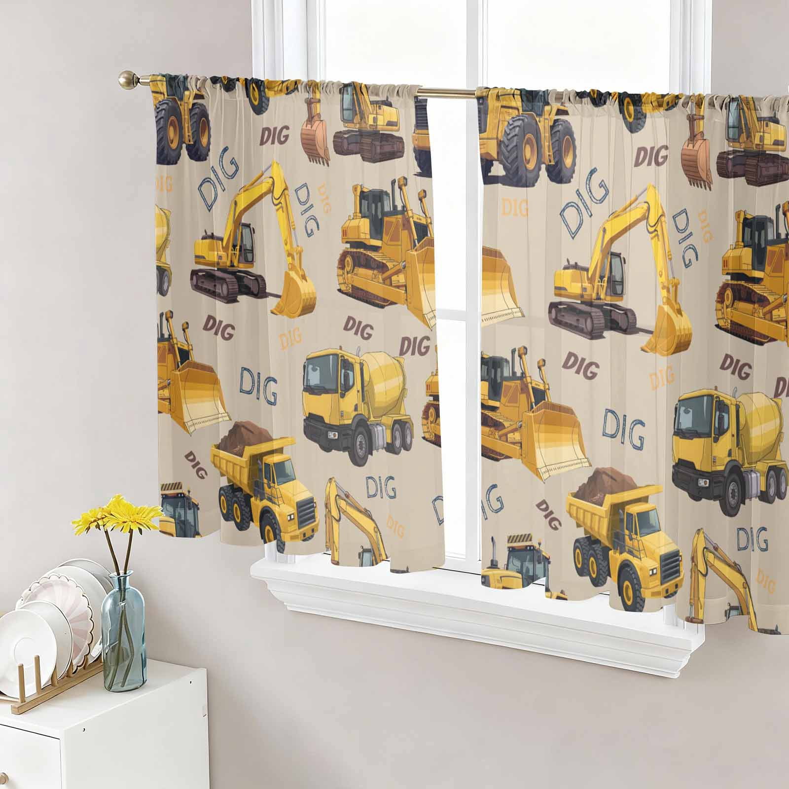 Construction Truck Sheer Curtains 45 Inch Length 2 Panels Set, Cartoon ...