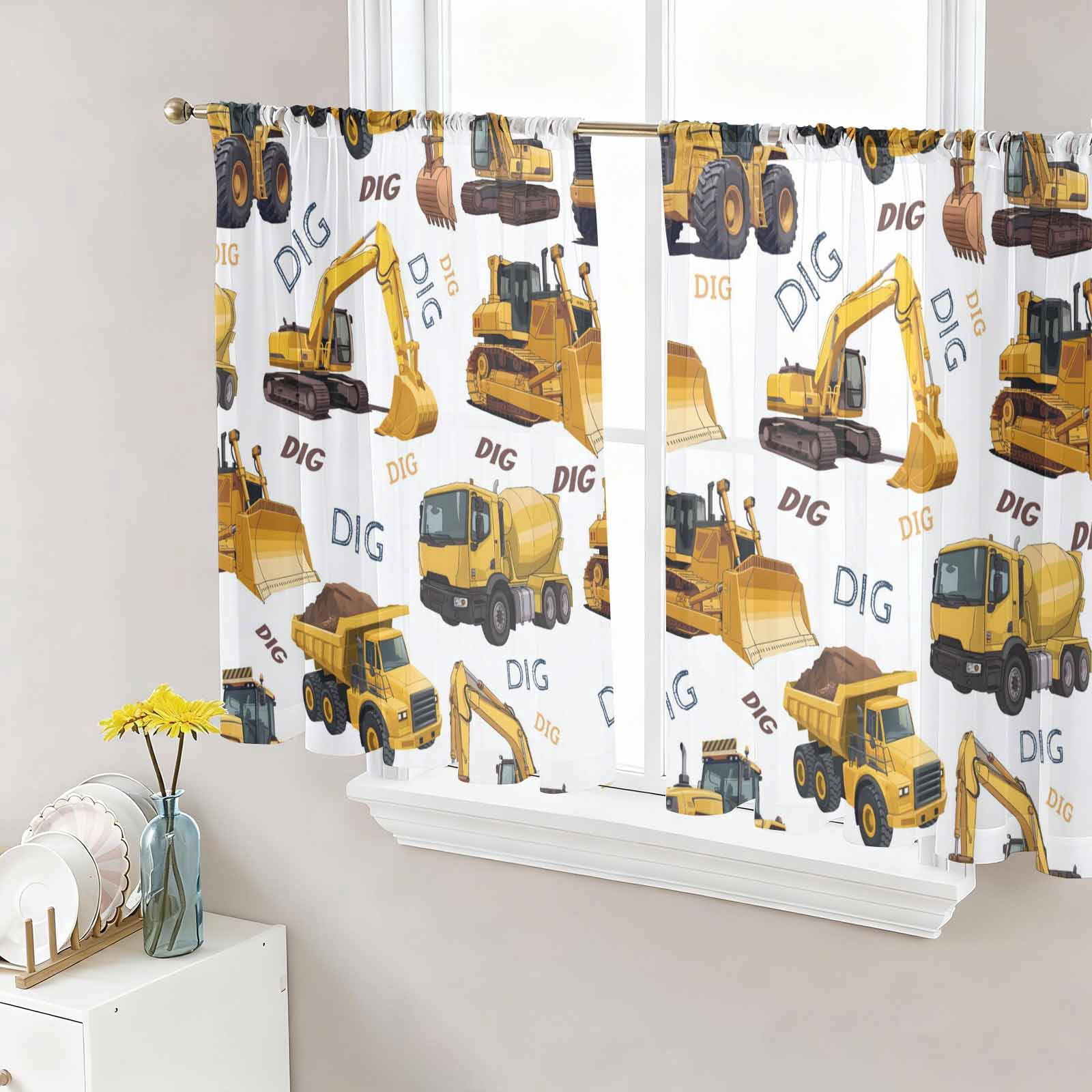 Construction Truck Sheer Curtains 45 Inch Length 2 Panels Set, Cartoon ...