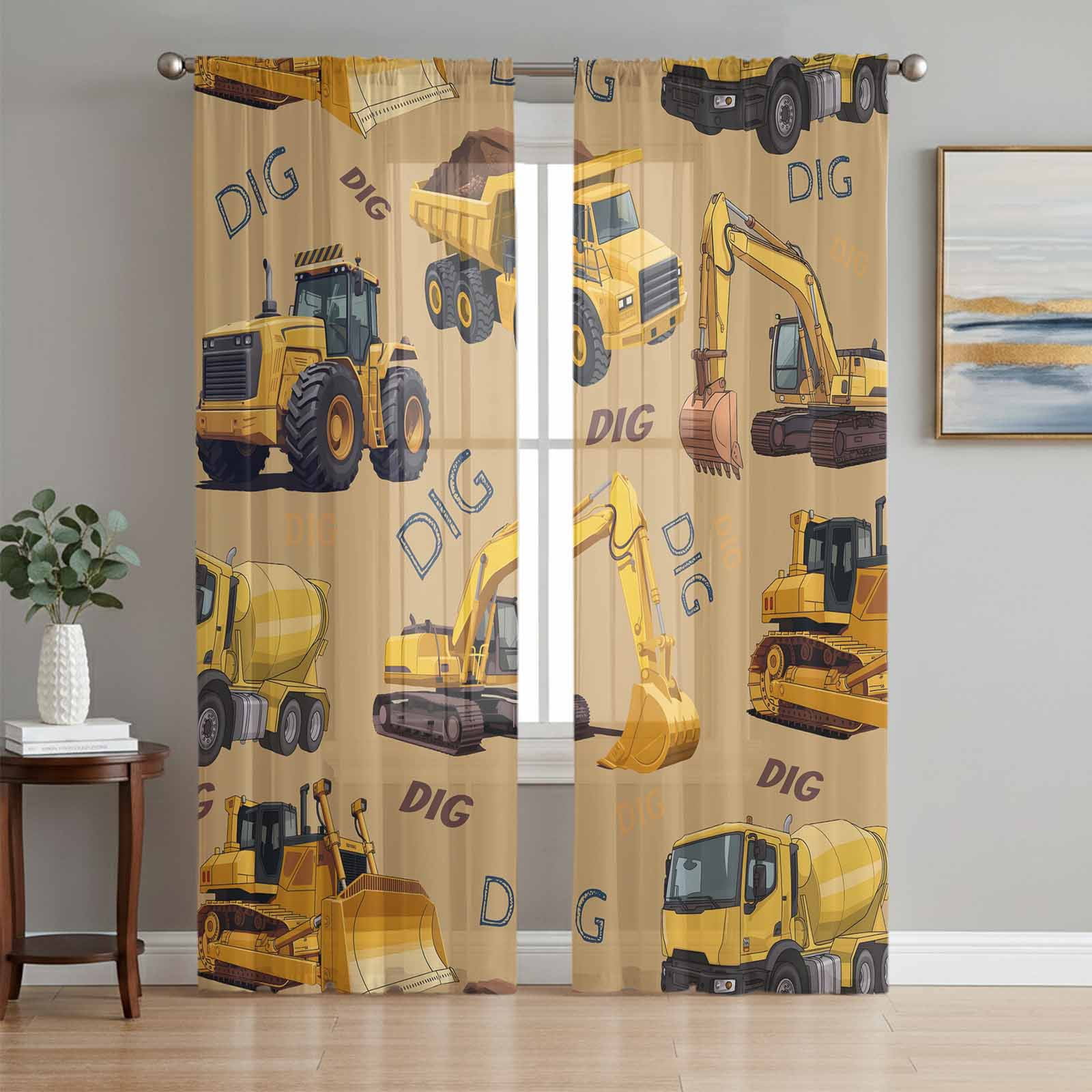 Construction Truck Sheer Curtains 72 Inch Length 2 Panels Set, Cartoon ...