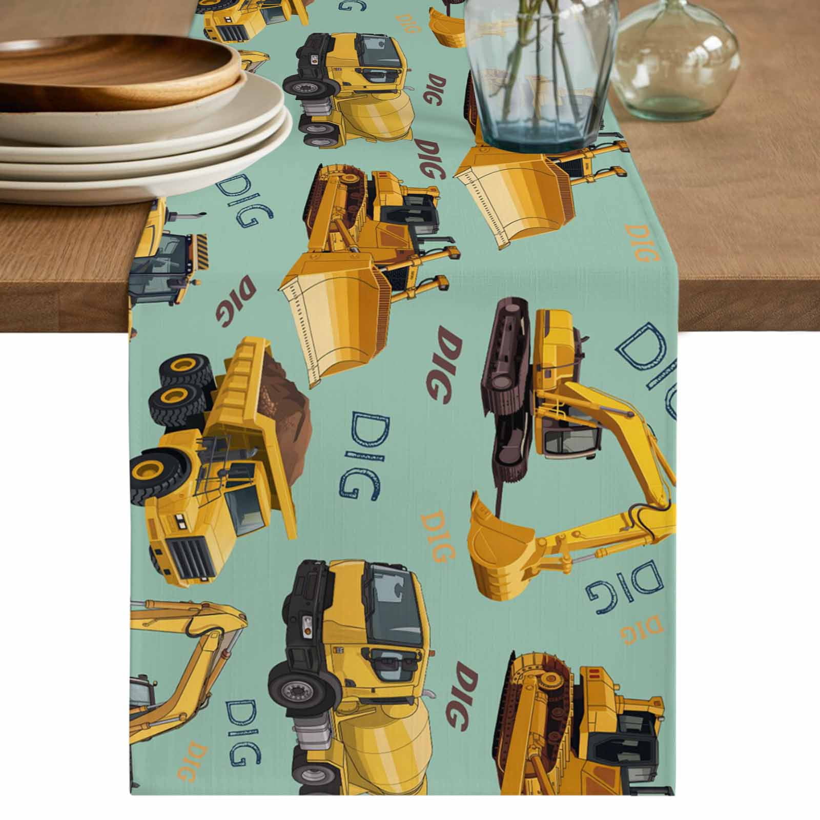 Construction Truck Table Runner, Cartoon Grips and Bulldozers Green ...