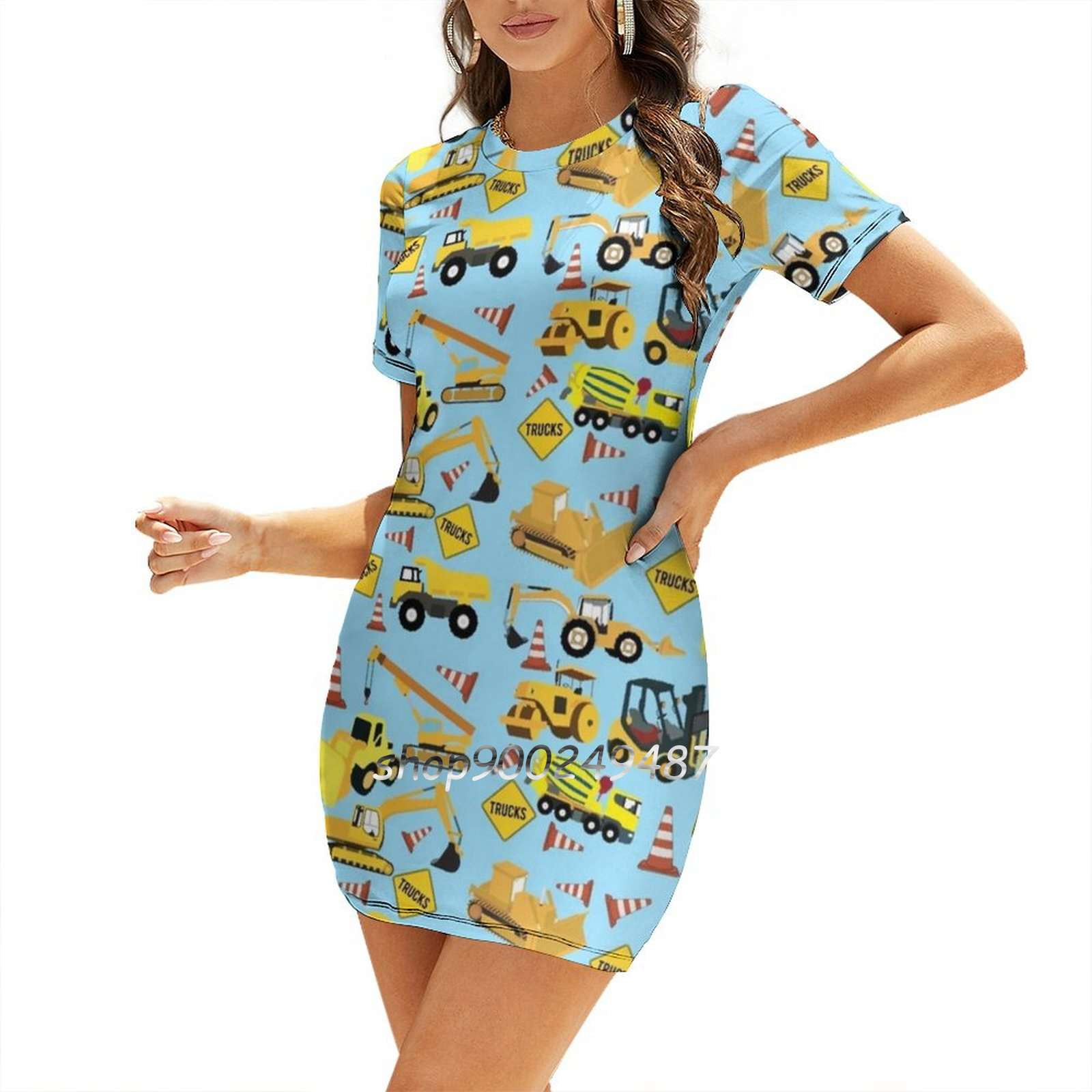 Construction Trucks Vehicles Pattern-Excavator Dump Truck Flare Dress ...