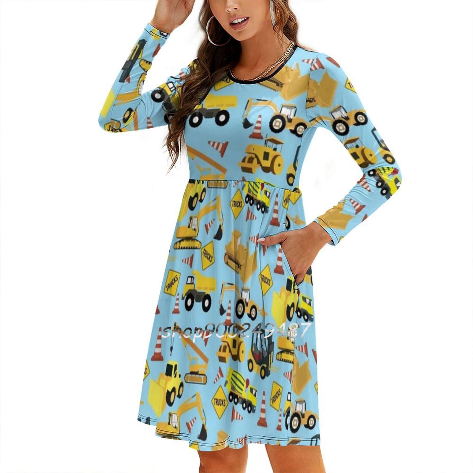 Construction Trucks Vehicles Pattern-Excavator Dump Truck Flare Dress ...