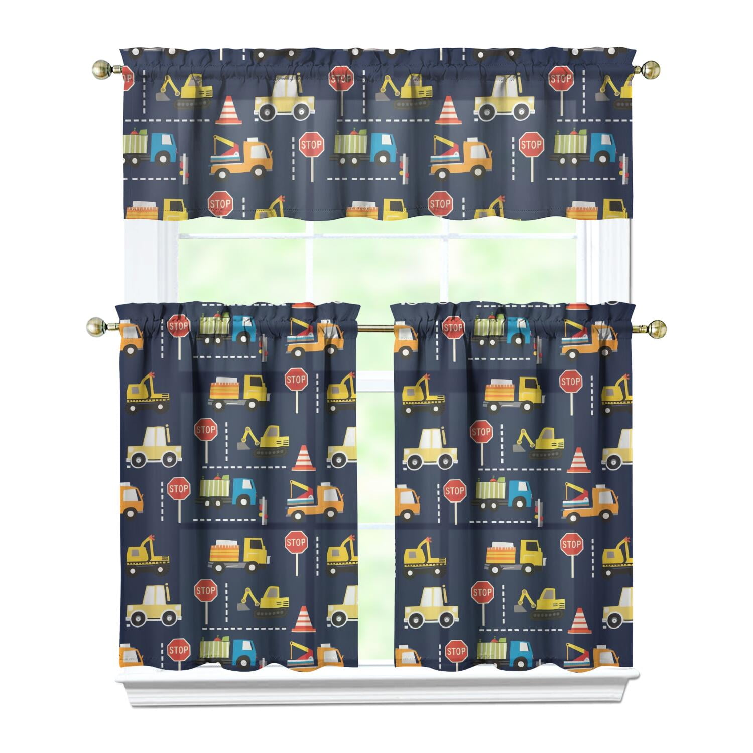 Construction Vehicle Short Curtains for Kitchen - Cartoon Fire Truck ...