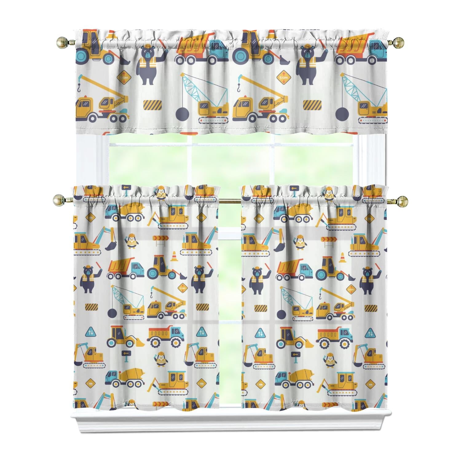 Construction Vehicle Theme 3-Piece Kitchen Curtains - Truck & Tractor ...