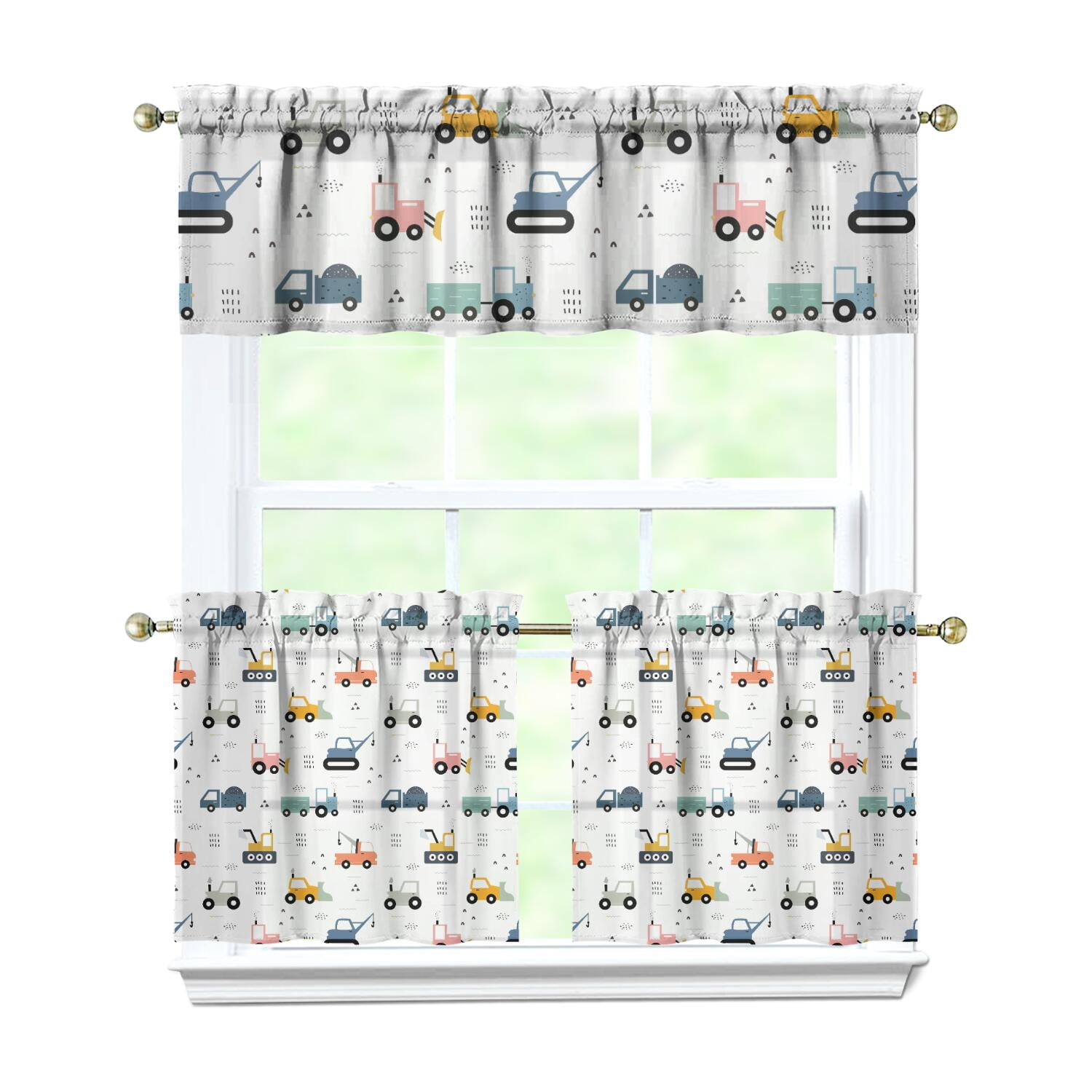 Construction Vehicle Tier Curtains Set of 3 - Cartoon Car & Fire Truck ...