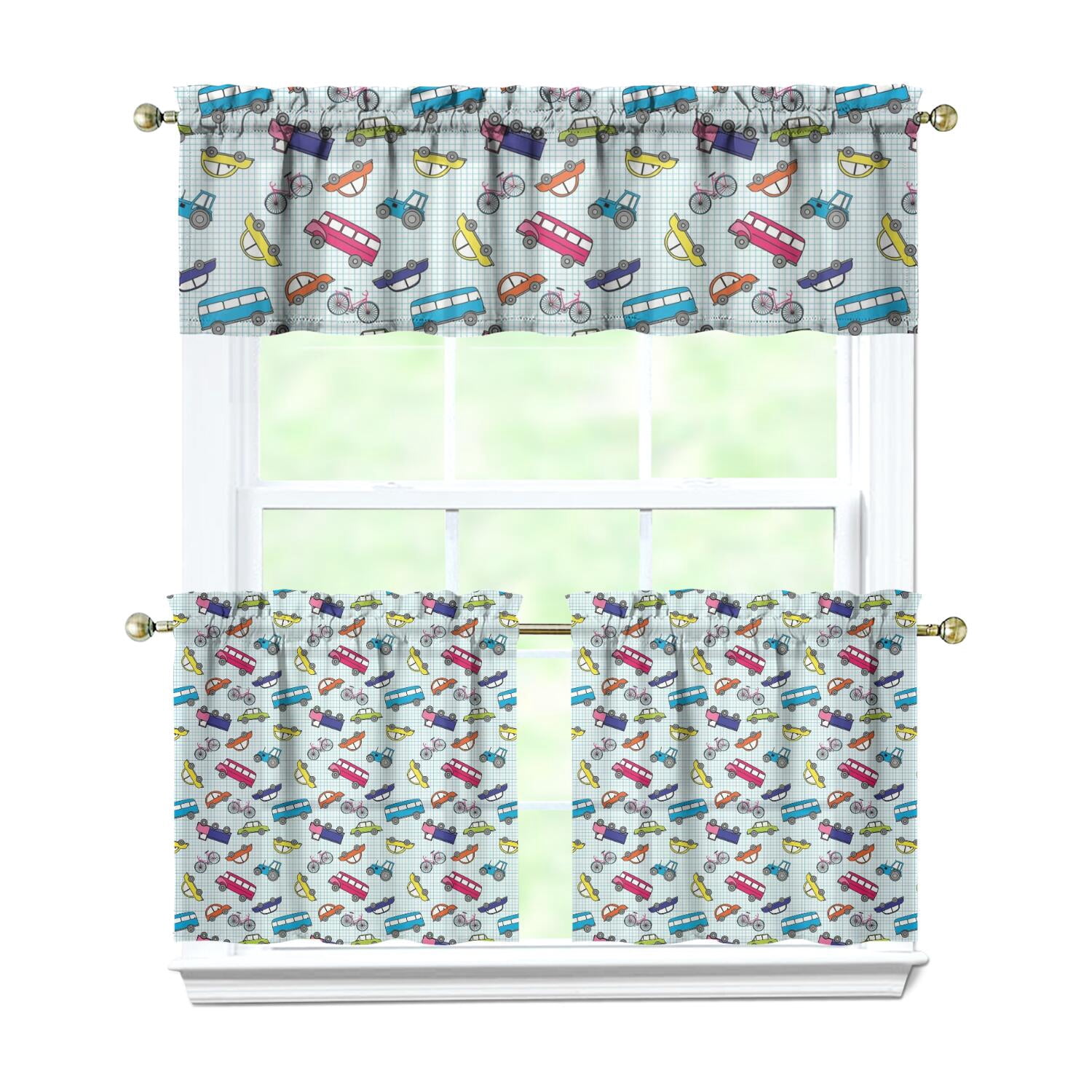 Construction Vehicle Tier Curtains Set of 3 - Cartoon Car & Fire Truck ...