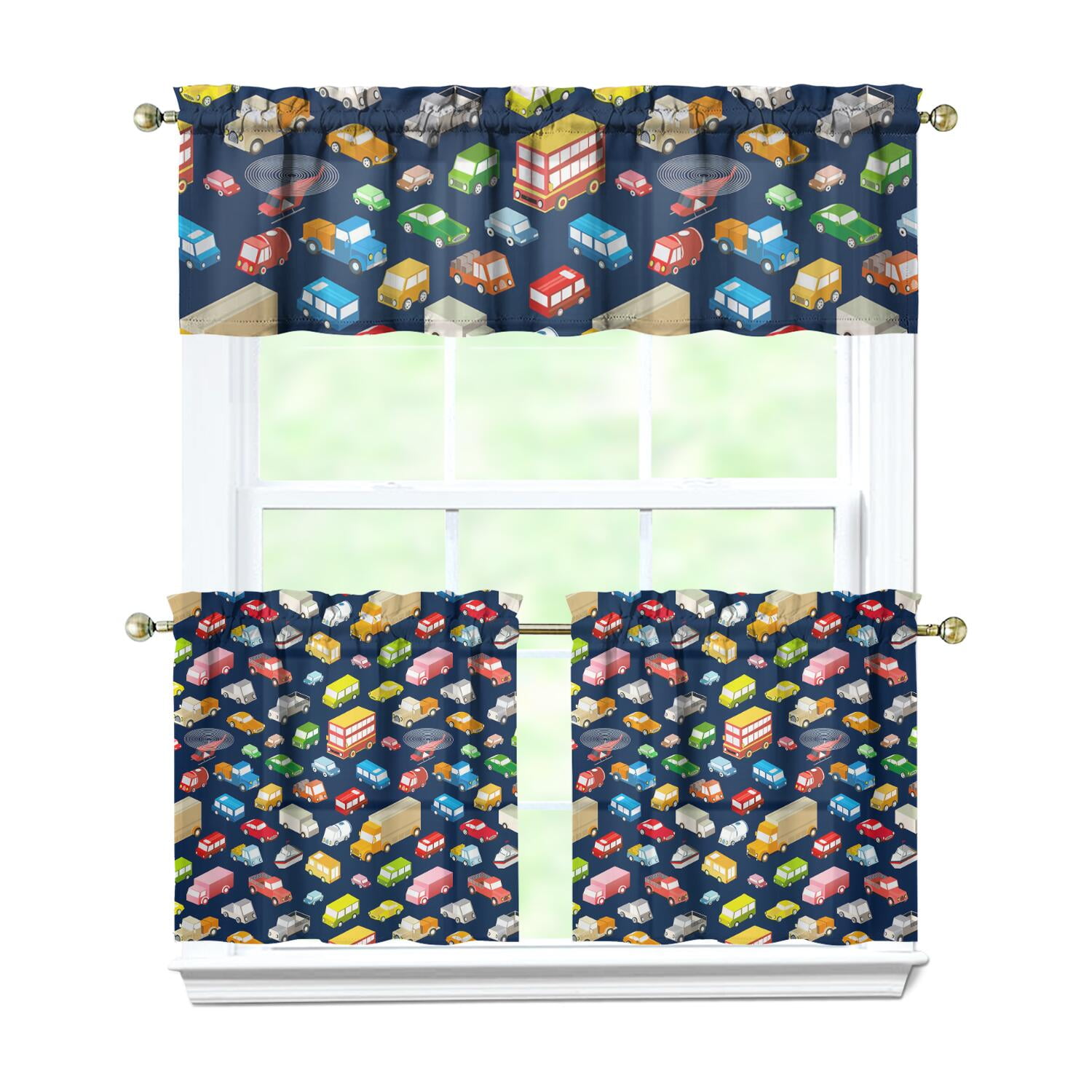Construction Vehicle Tier Curtains Set of 3 - Cartoon Car & Fire Truck ...