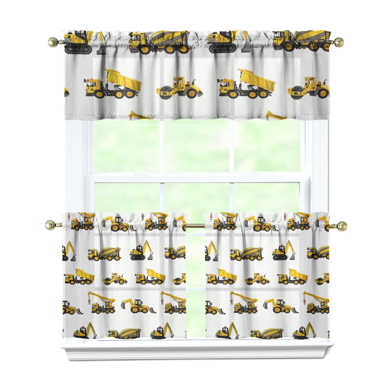 Construction Vehicle Tier Curtains Set of 3 - Cartoon Car & Fire Truck ...