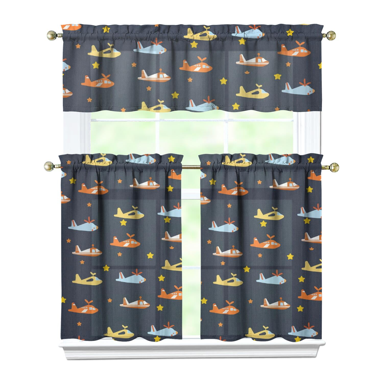 Construction Vehicle Tier Curtains for Kitchen - 3 Piece Set with ...