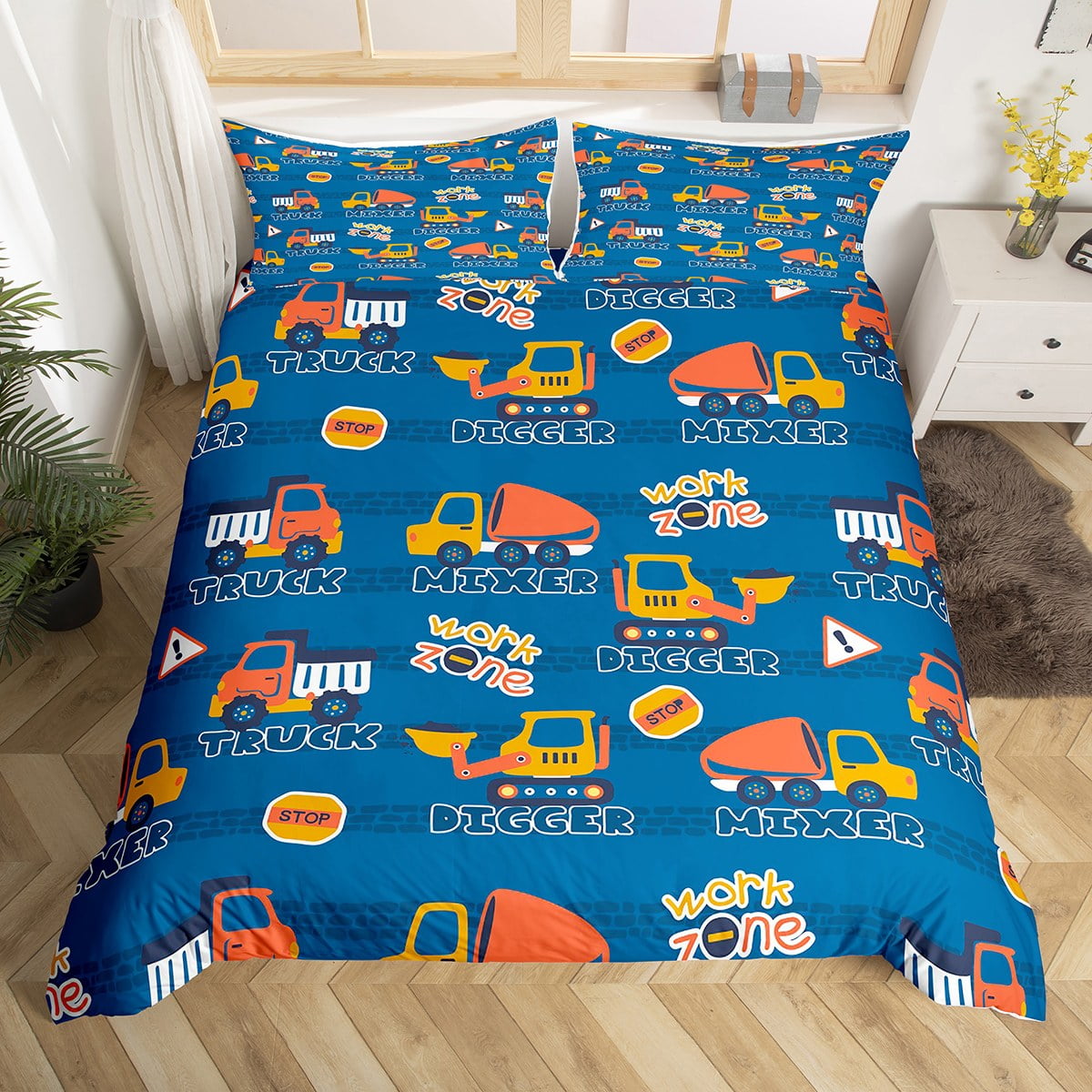 Construction Vehicles Duvet Cover King Kawaii Tractors Bedding Set for ...