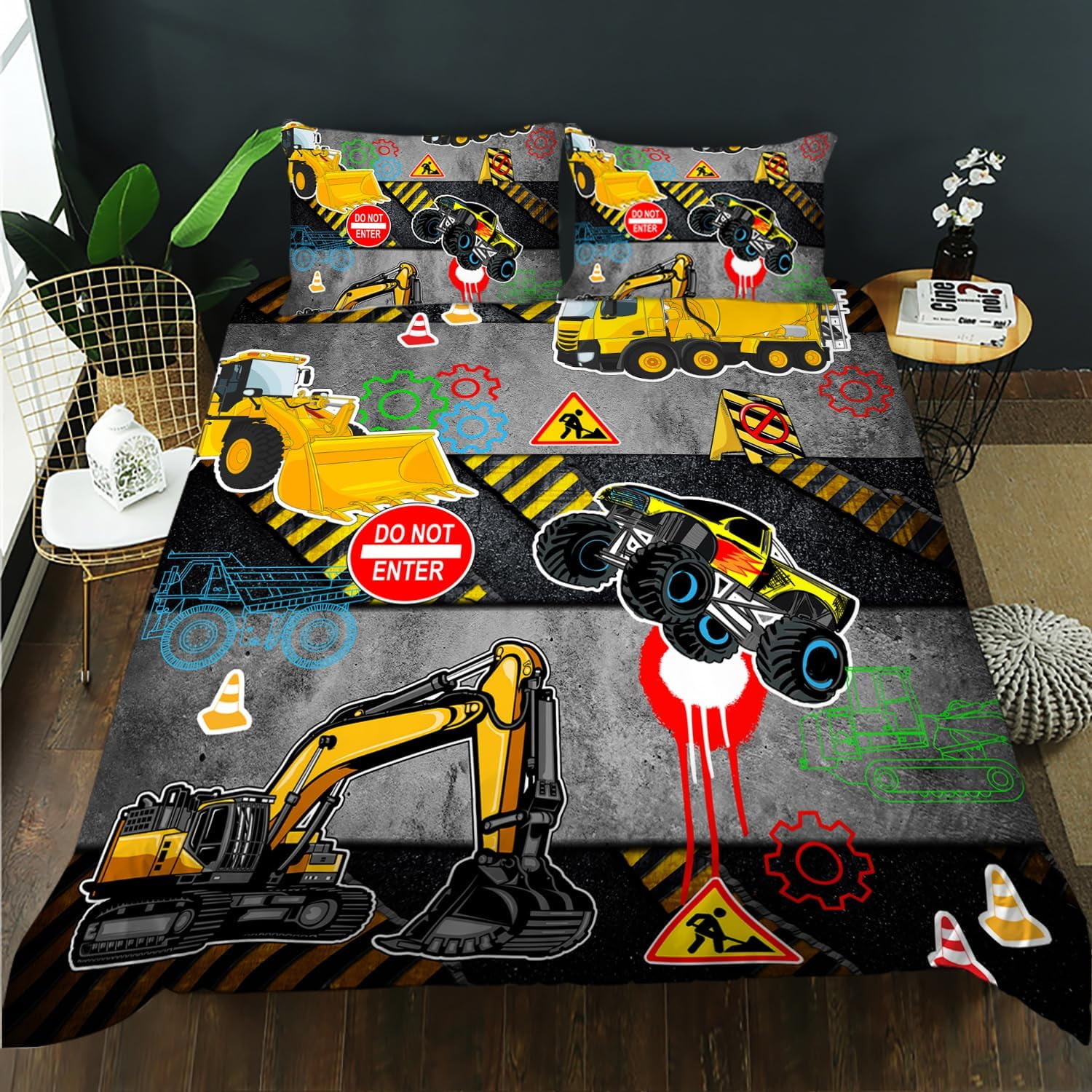 Construction Vehicles Duvet Cover Set, Machinery Truck Bedding Set for ...