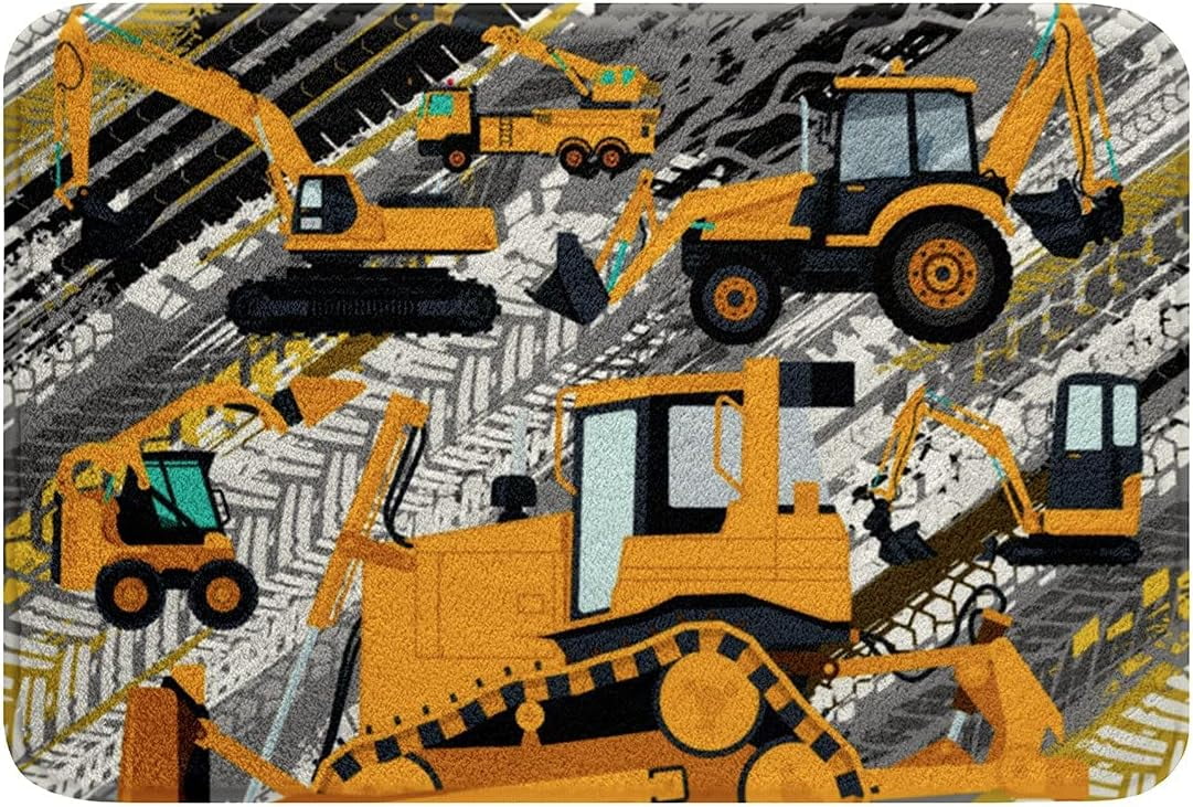 Construction Vehicles Rug Boys Excavator Bath Mat Yellow Tractor Truck Kitchen Mat Old Retro ...