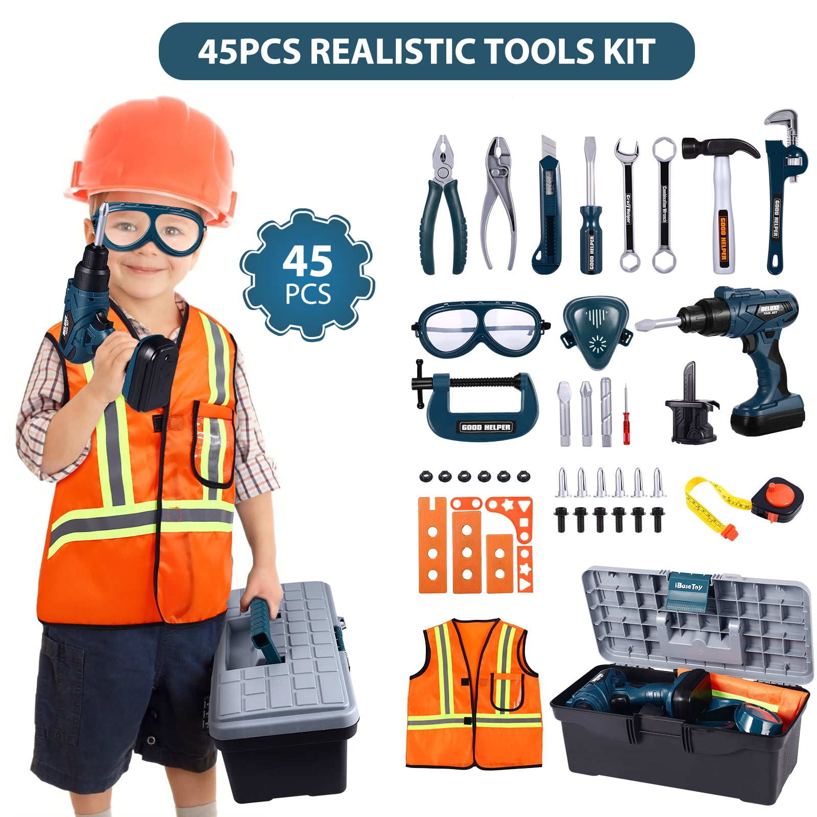 Construction Worker Costume Role Play Tool Toys Set with Toll Box for 3 ...