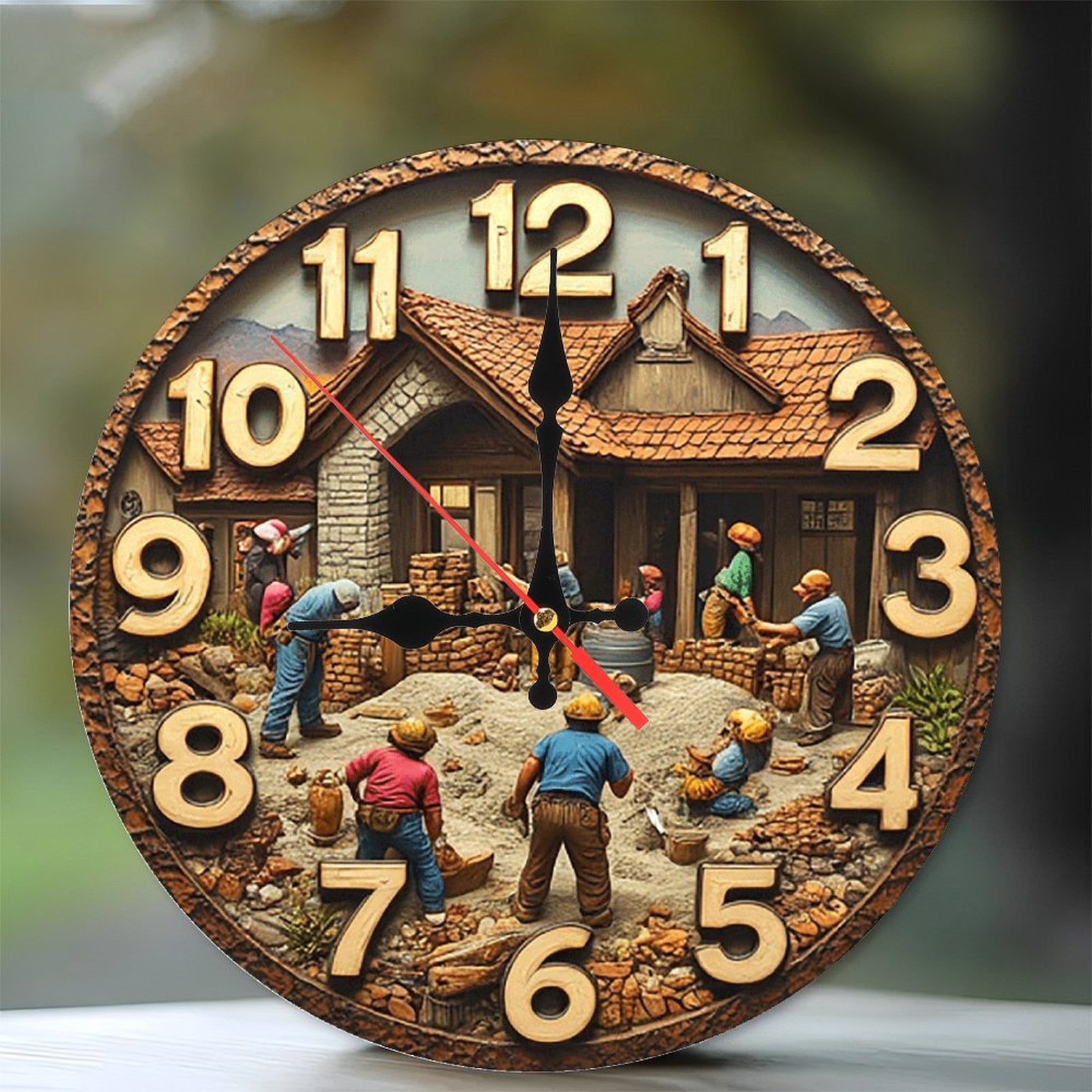 Construction Workers Wall Clock Wood Carving Home Decor 10-Inch Silent ...