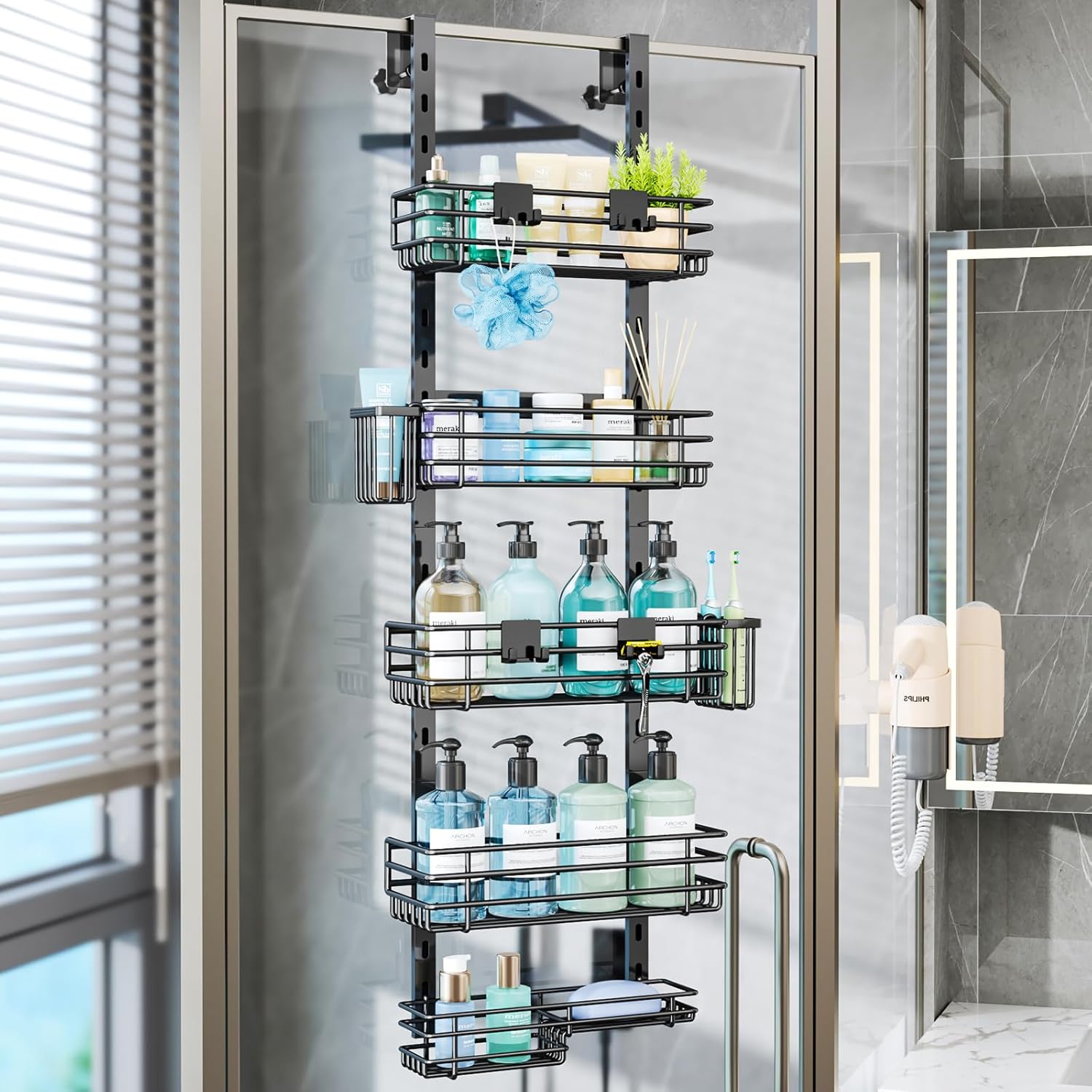 Over The Door Shower Caddy - 5 Tier Adjustable Shower Organizer Hanging ...