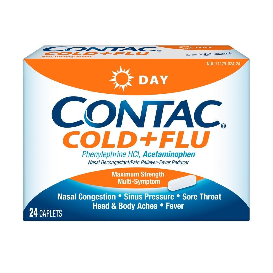 Contac Cold & Flu Medicine, Non-Drowsy, Powerful Multi-Symptom Daytime ...