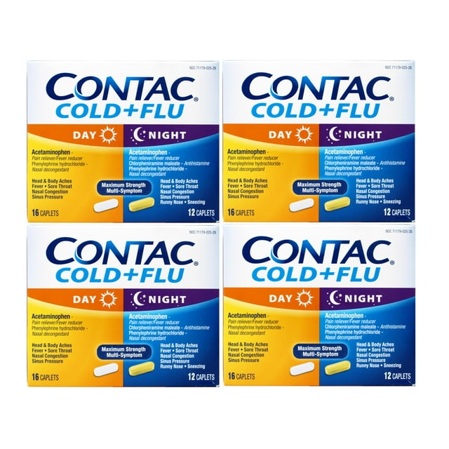 Contac Day + Night Cold & Flu Medicine, Maximum Strength Multi-Symptom ...