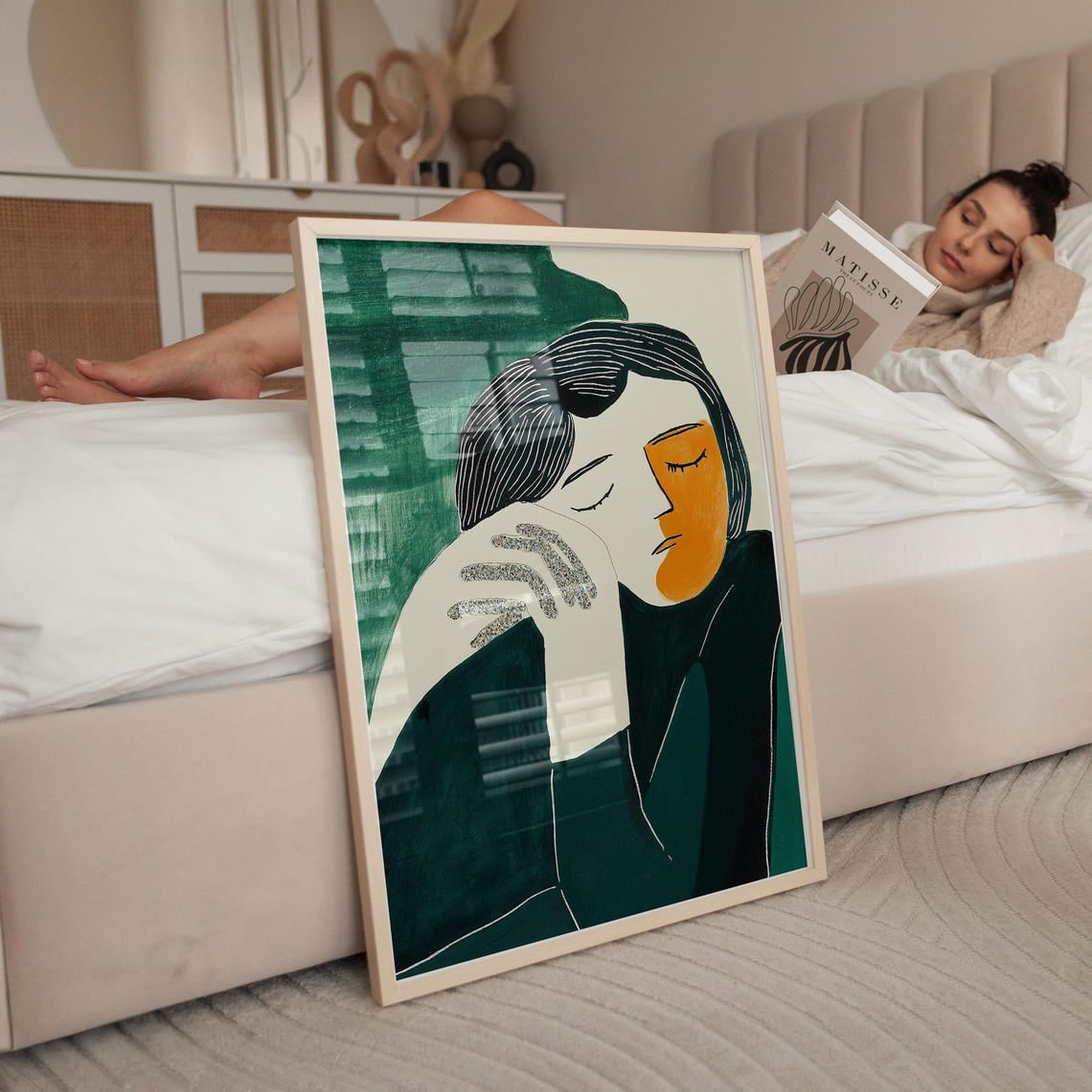 Contemplative Abstract Portrait, Minimalist Figurative Art, Sleeping Woman ...