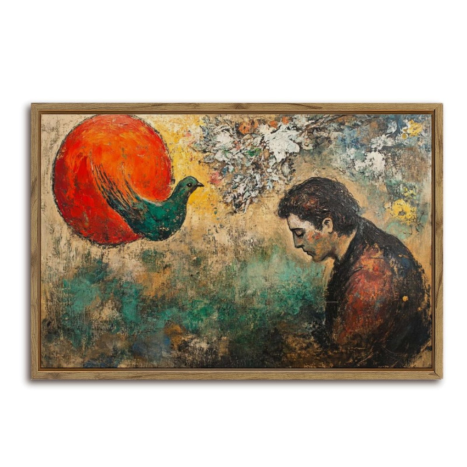 Contemplative Man Bird Art Horizontal Canvas Wall Art with Lightweight ...