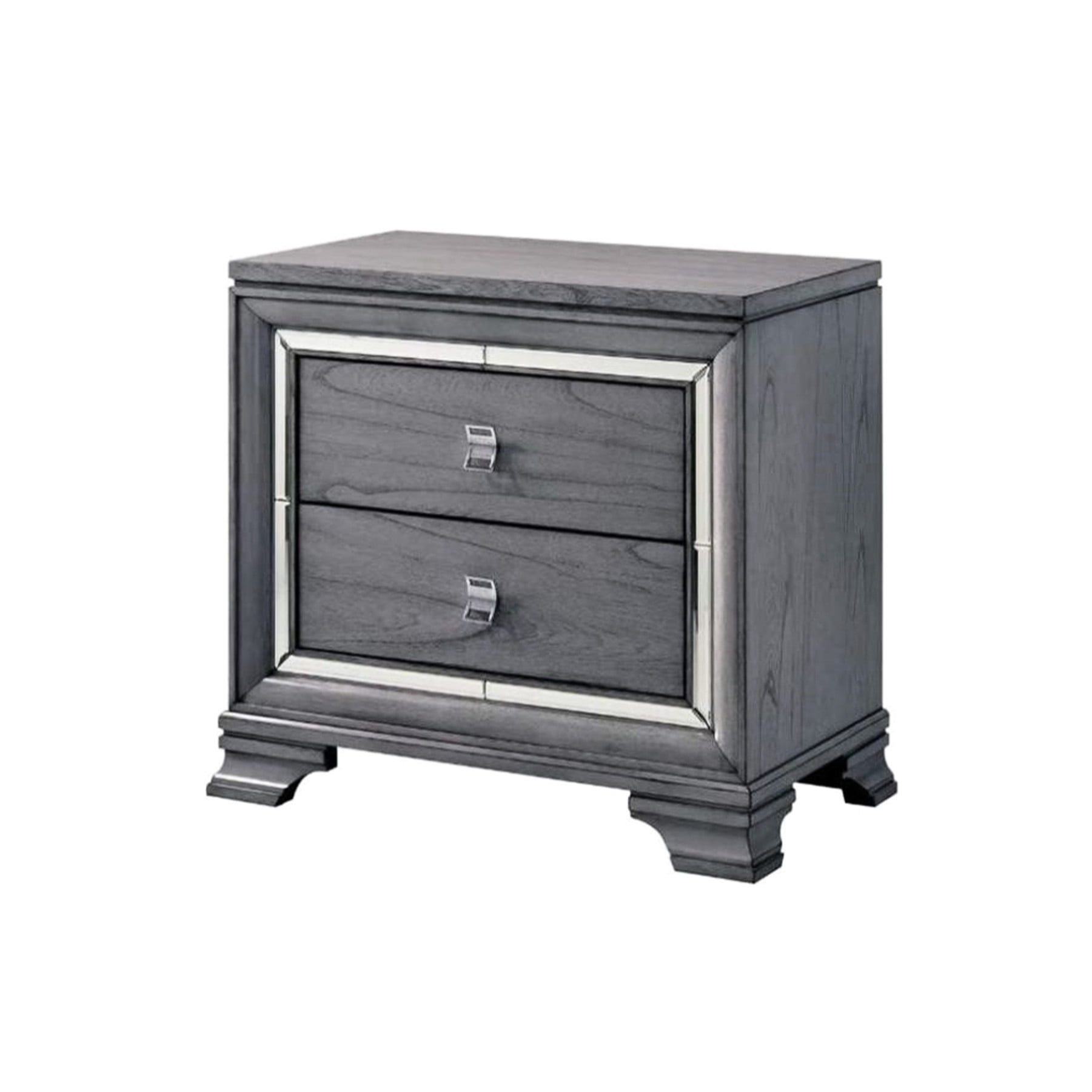 Contemporary 2 Drawers Nightstand In Gray, With Mirror Trim And Bearing ...