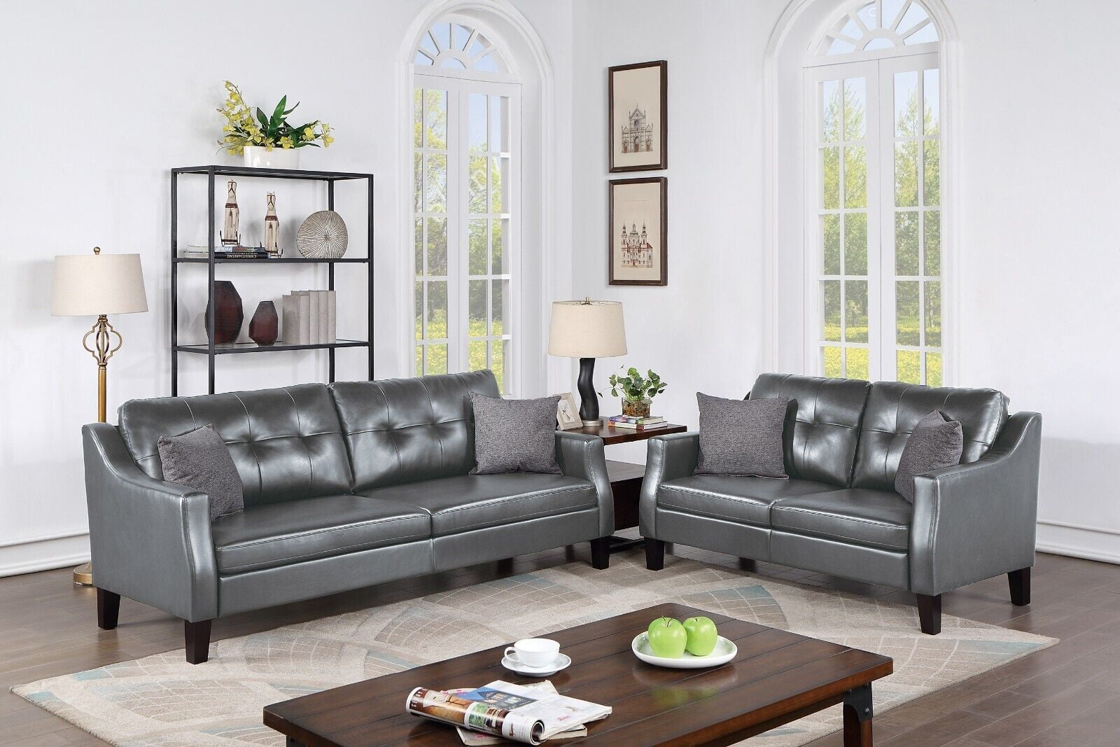 Contemporary 2pc Sofa Set Gel Leatherette Sofa Loveseat Gray Tufted ...