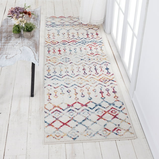 Contemporary 2x8 Area Rug (2'3'' x 7'3'') Geometric Cream, Multi-Color ...