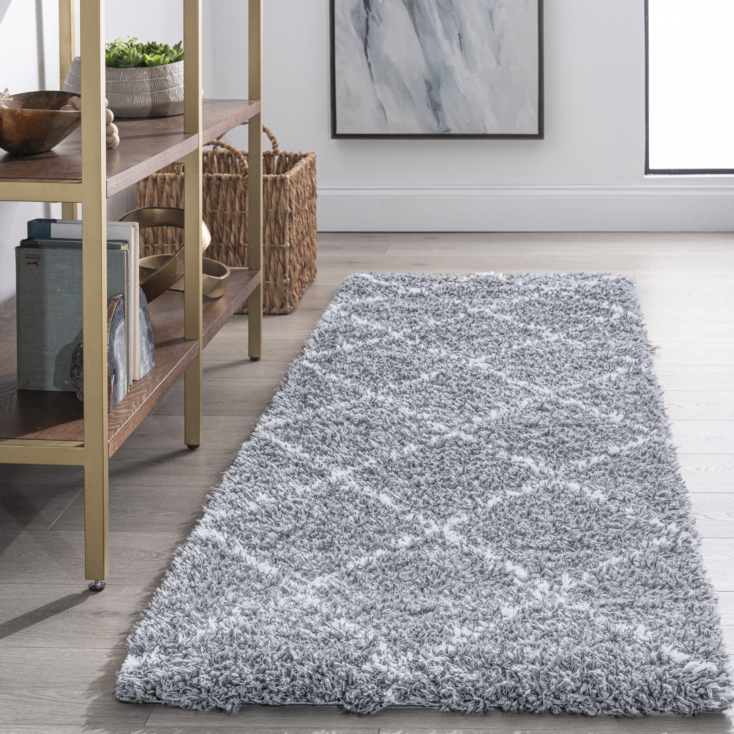 Contemporary 2x8 Area Rug Shag Thick (2'3'' x 7'3'') Diamond Silver ...