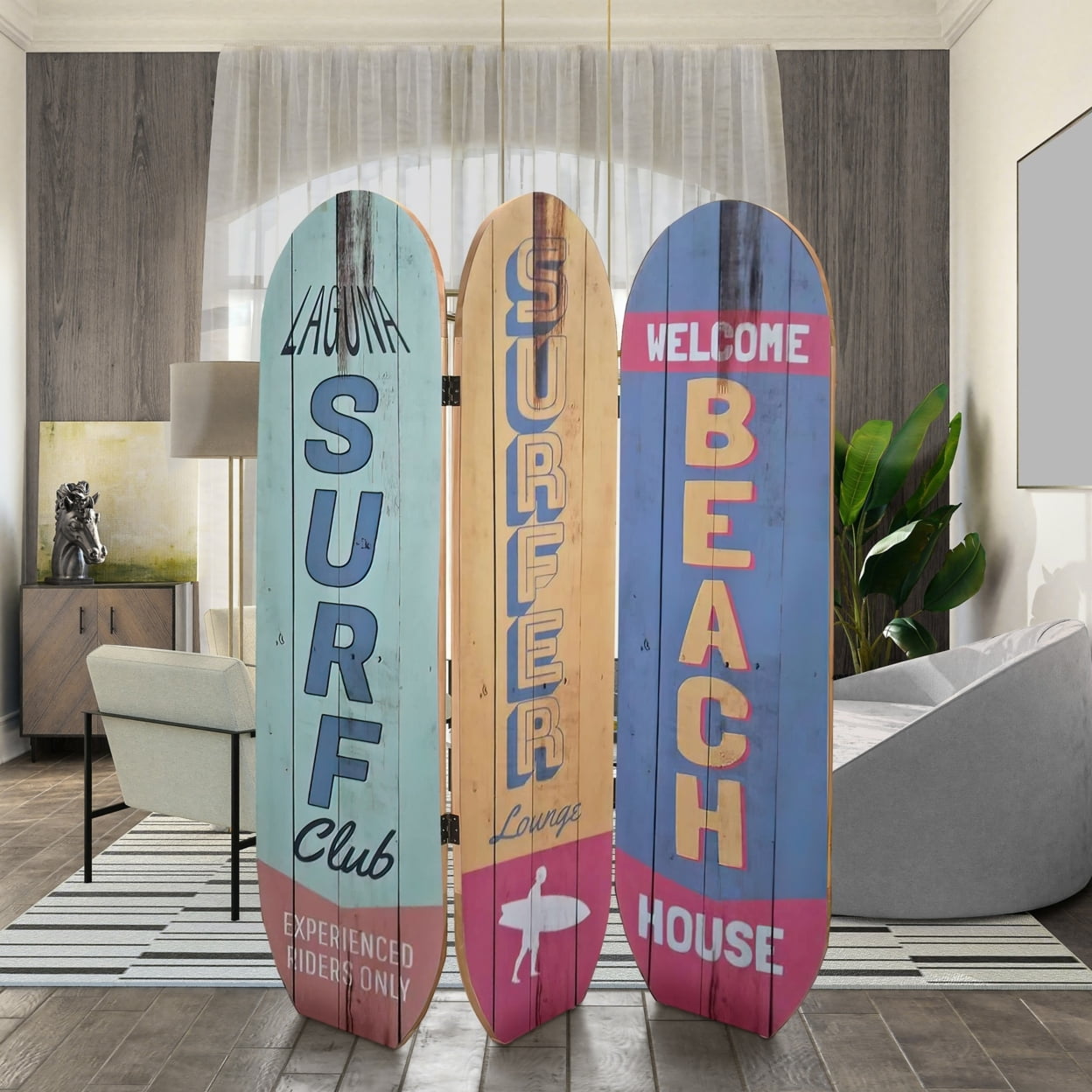 Contemporary 3 Panel Wood Screen with Surfboard Design, Multicolor ...