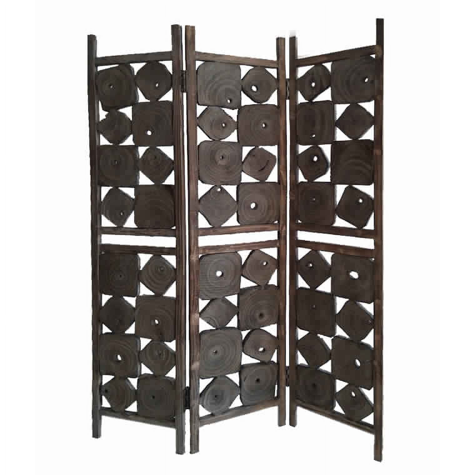 Contemporary 3 Panel Wooden Screen with Square Log Cut Inset, Brown ...