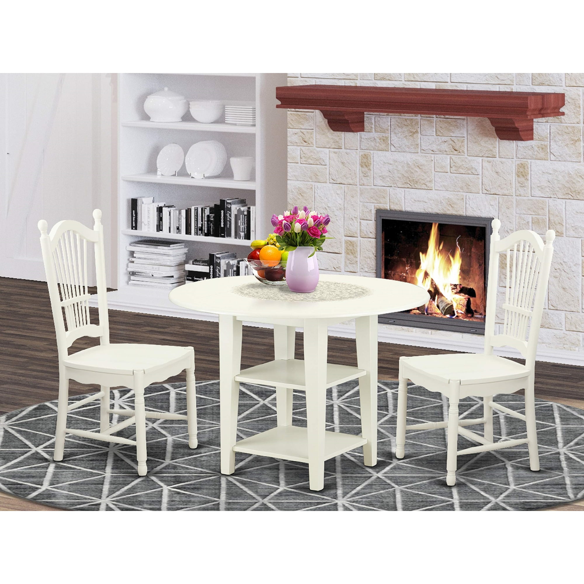 Contemporary 3 Piece Dining Set in Linen White - Rubberwood Table with ...