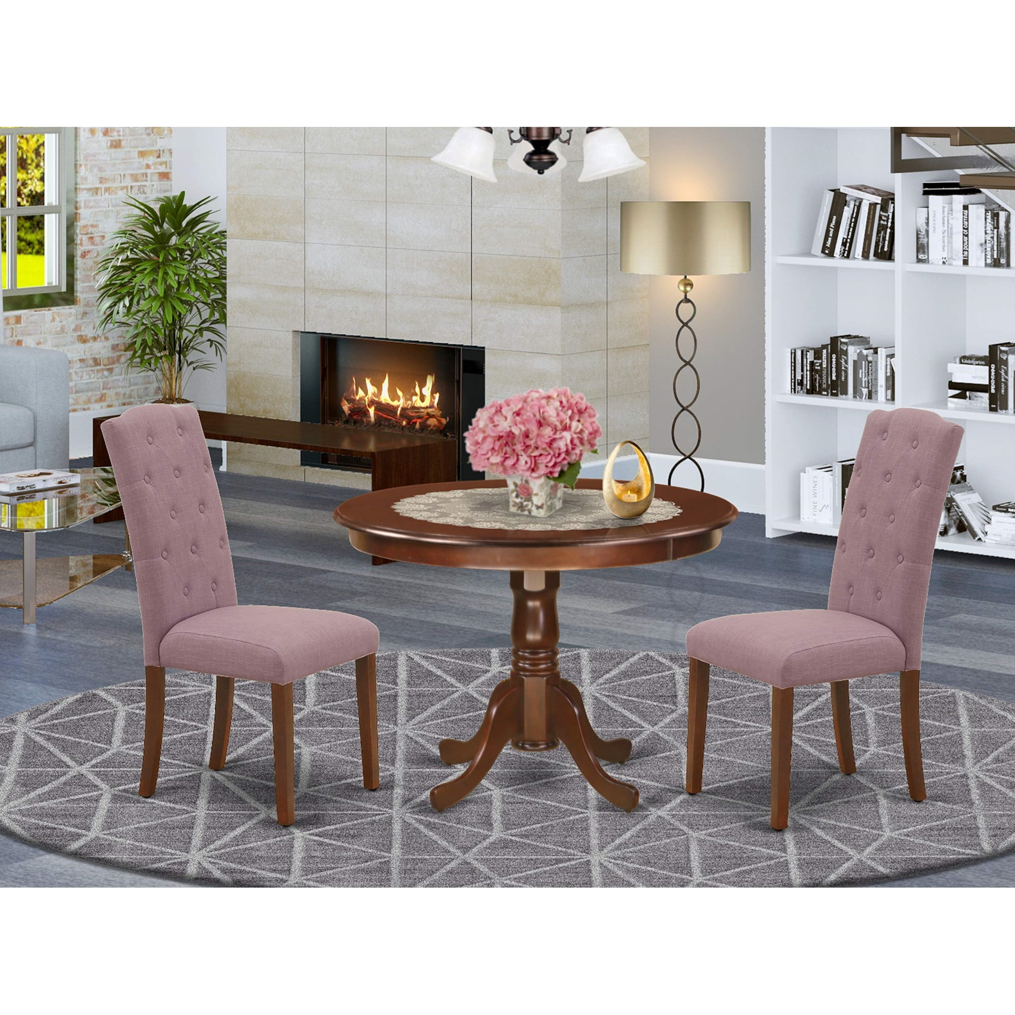 Contemporary 3Pc Dinette Set: Round Table & 2 Parson Chairs in Mahogany ...