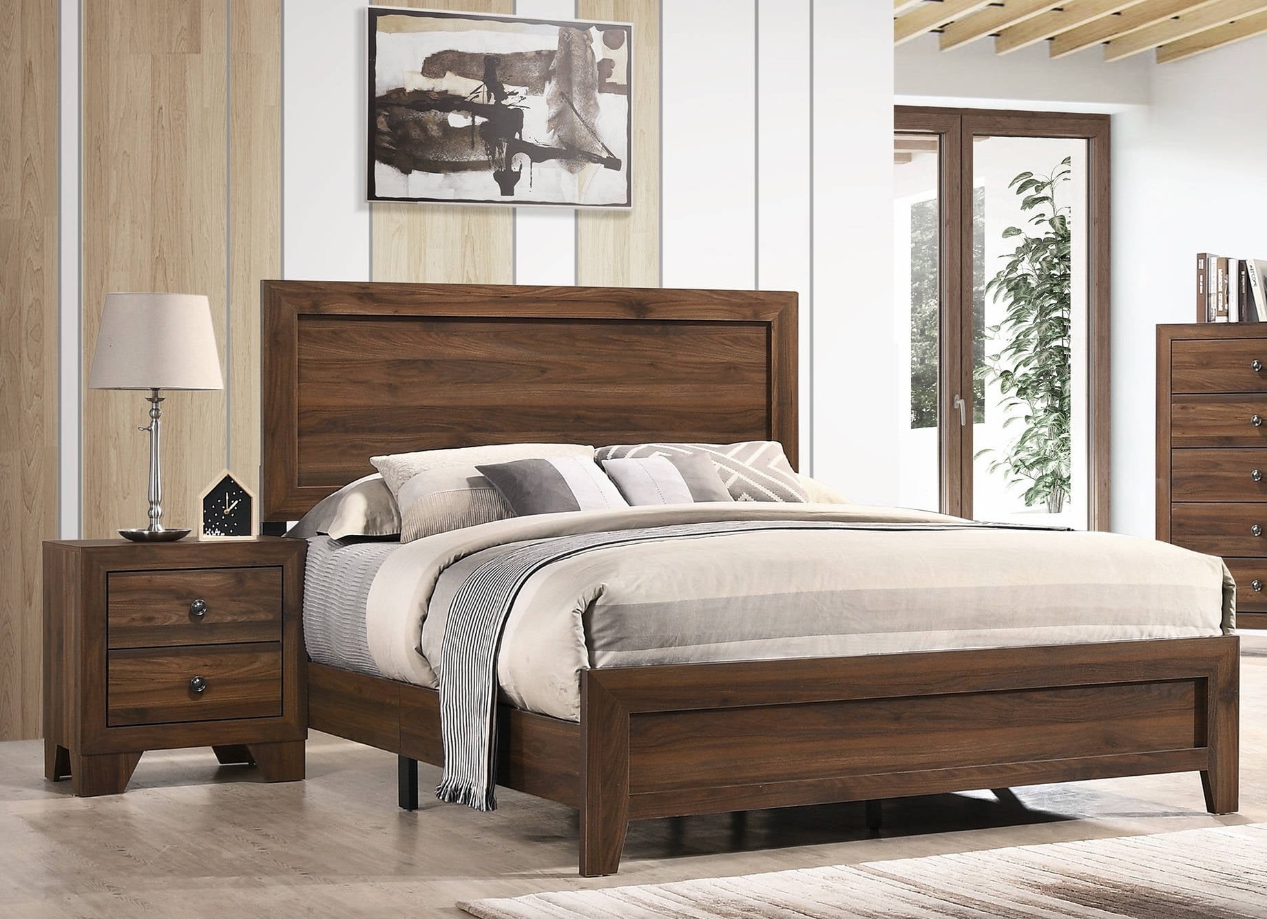 Contemporary Queen Size 3Pc Wooden Panel Bed and Nightstand Set ...