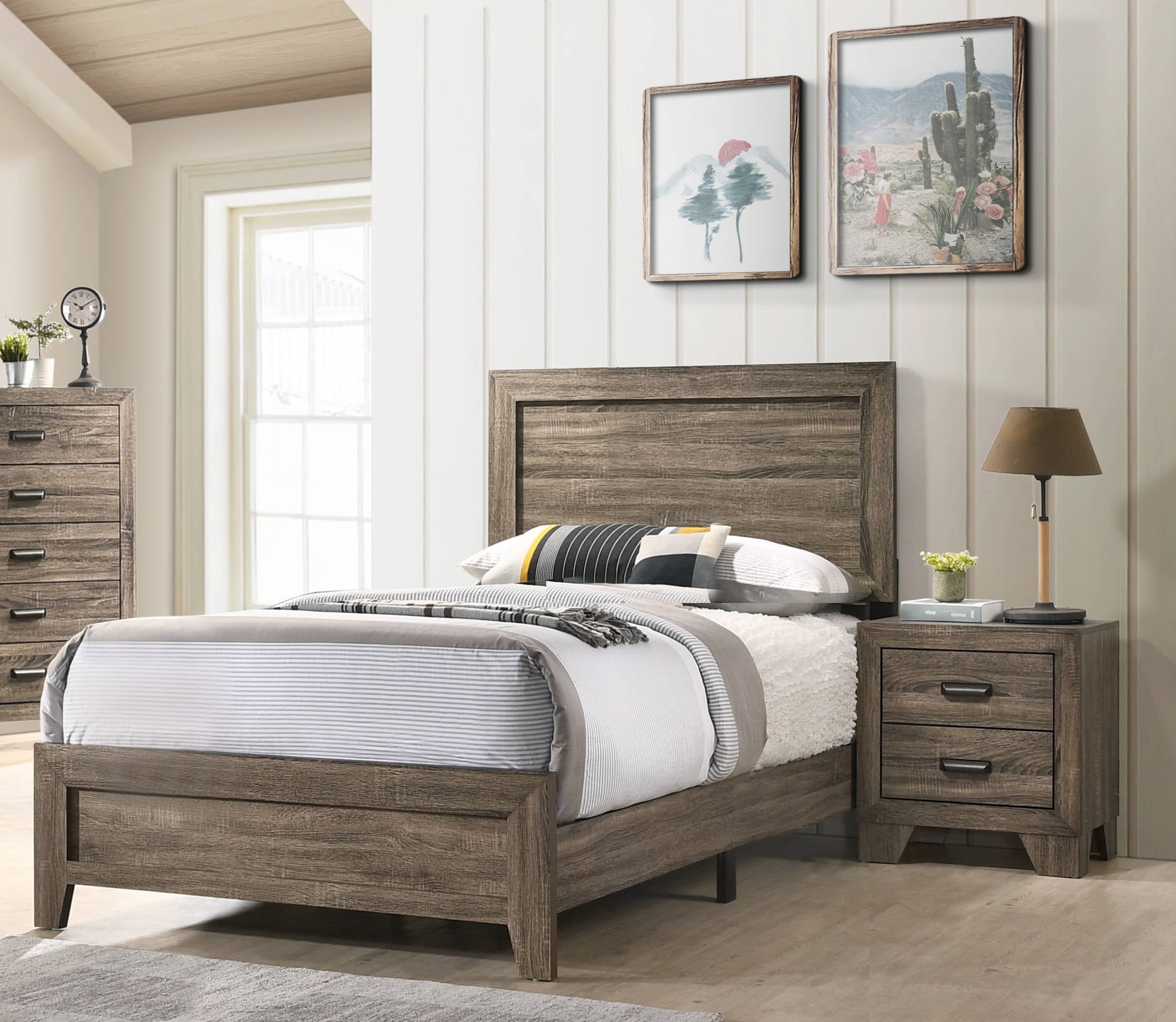 Contemporary 3Pc Twin Size Panel Youth Bed Nightstand Set Wooden Home ...