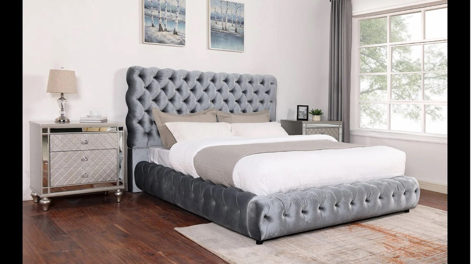Contemporary 3pc Gray Fabric Upholstered King Size Bed and Nightstand ...